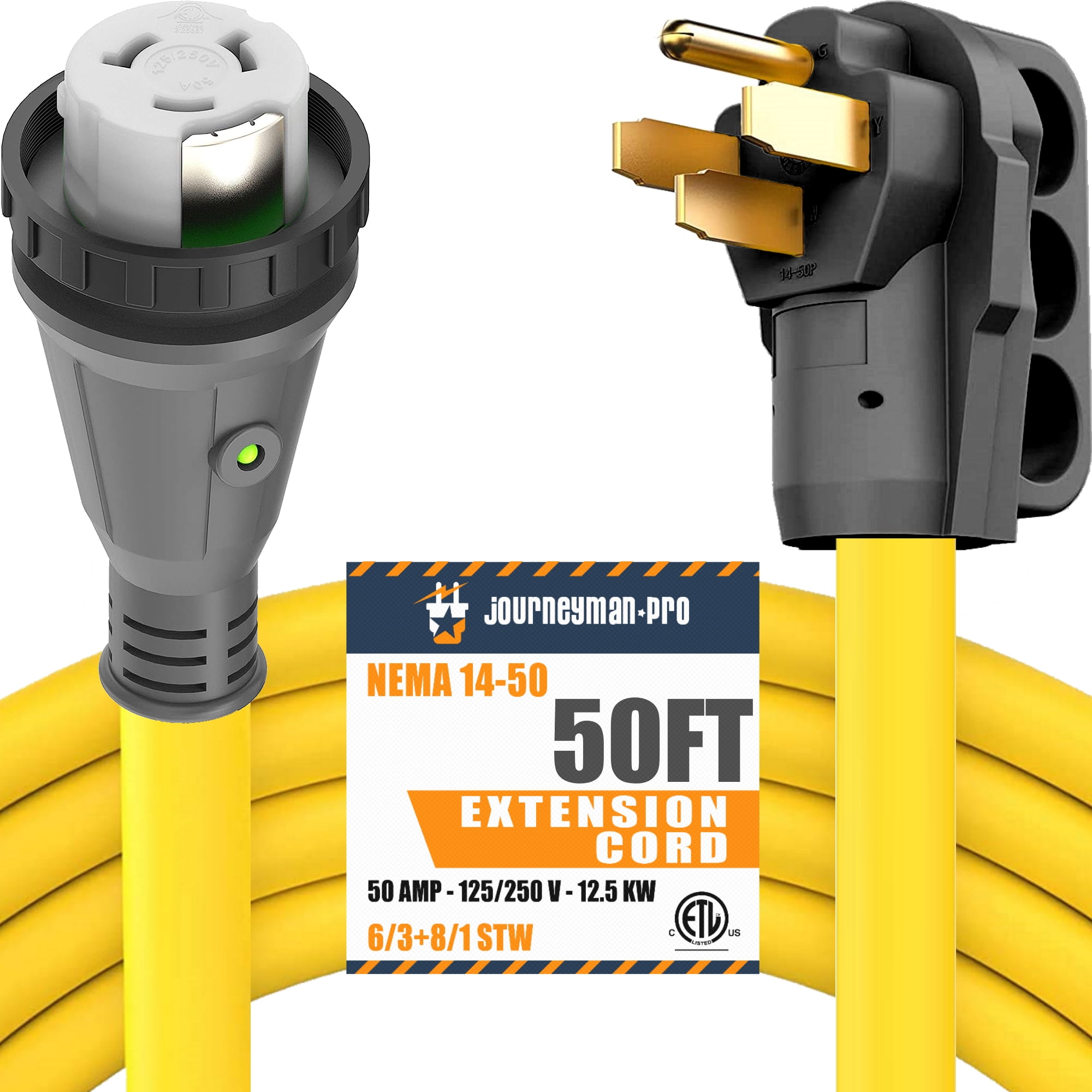 Journeyman-Pro 50A RV Power Extension Cord 14-50P to SS2-50R (Safety Yellow), Black Grip Handle ...