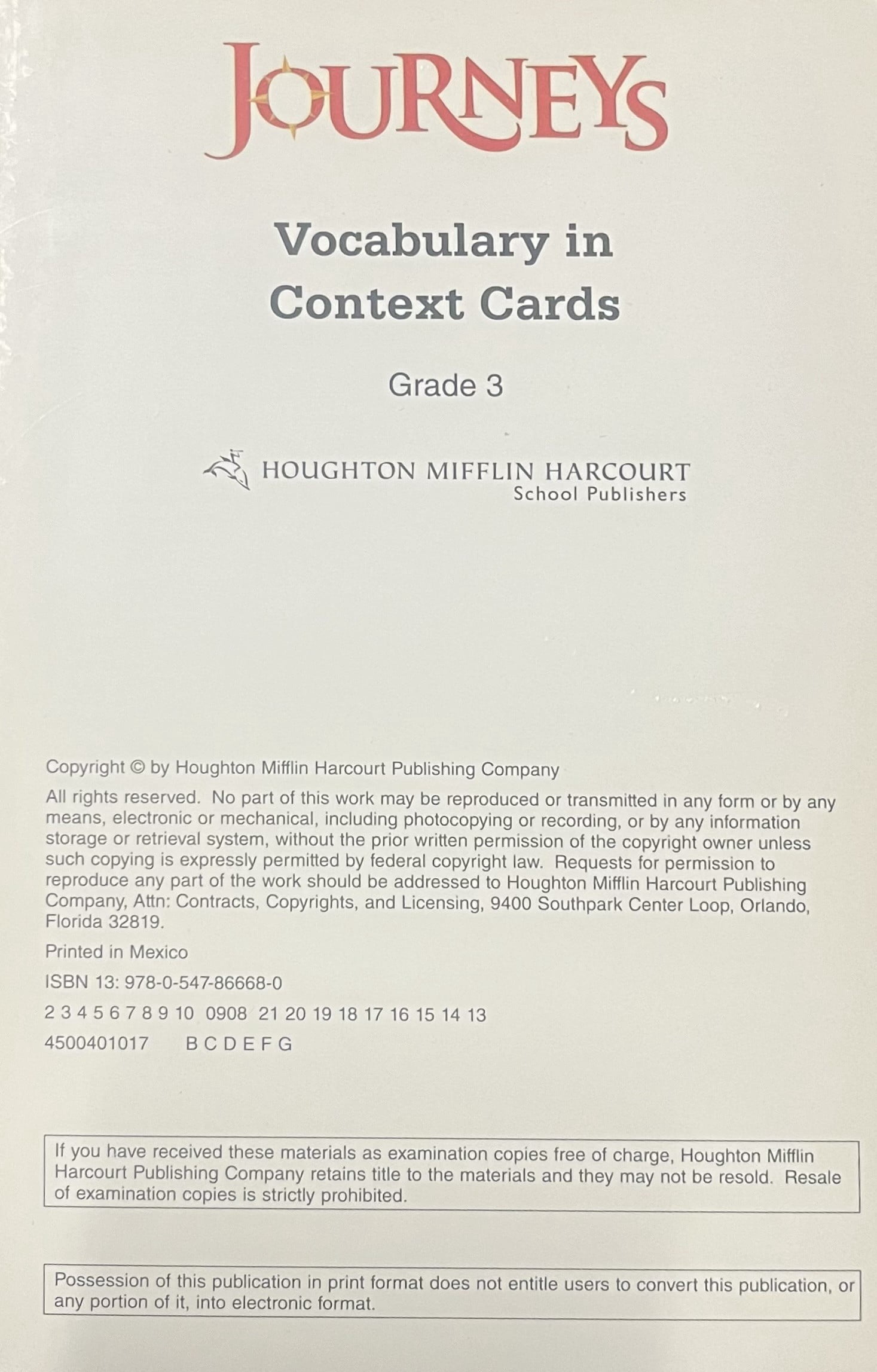 Journeys Vocabulary In Context Cards Grade 3 9780547866680 0547866682 ...