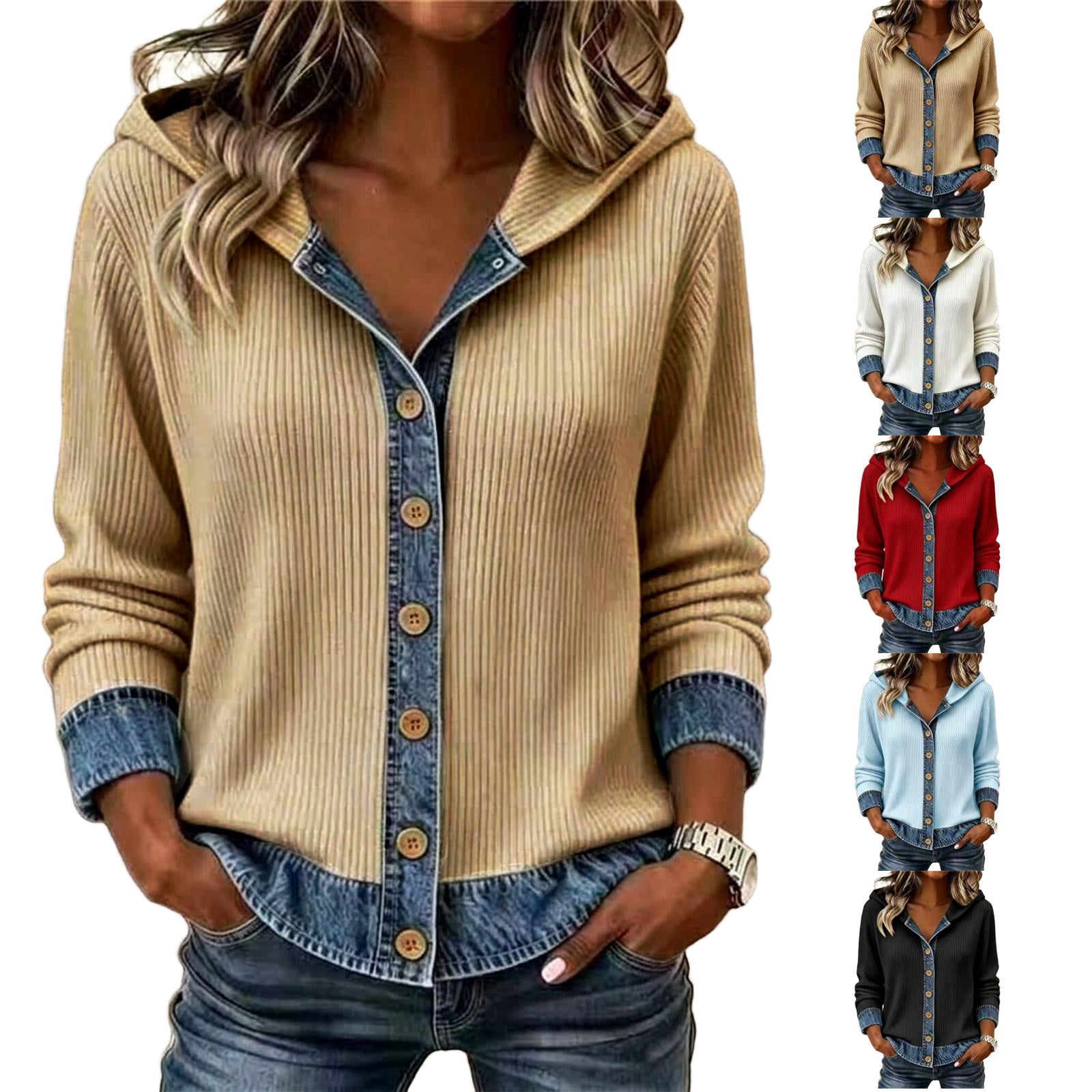 JoveMarine Women's Hooded Denim Patchwork Jacket - Button Front Mixed ...