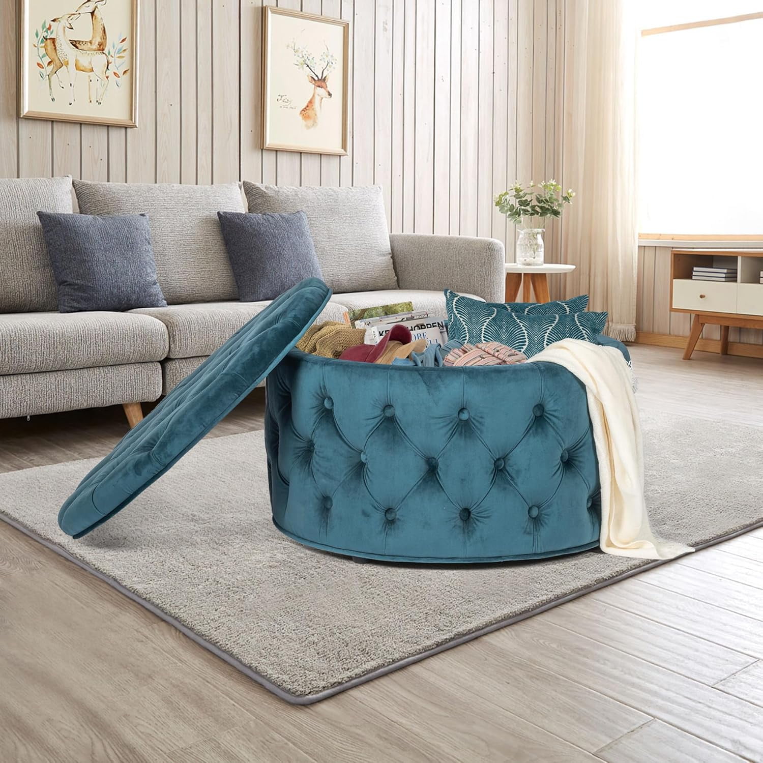 Joveco 28" Round Storage Ottoman, Velvet Button Tufted Ottoman with ...