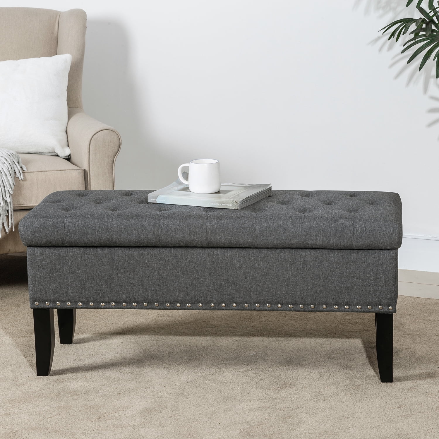 Joveco Fabric Rectangular Storage Ottoman Bench Foot Rest Stool Gray ...