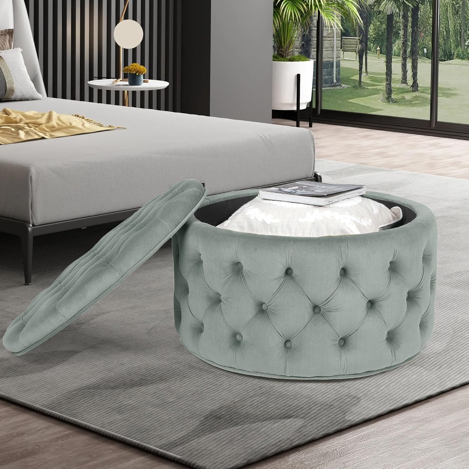 Joveco Round Storage Ottoman, Button Tufted Upholstered Ottoman with ...