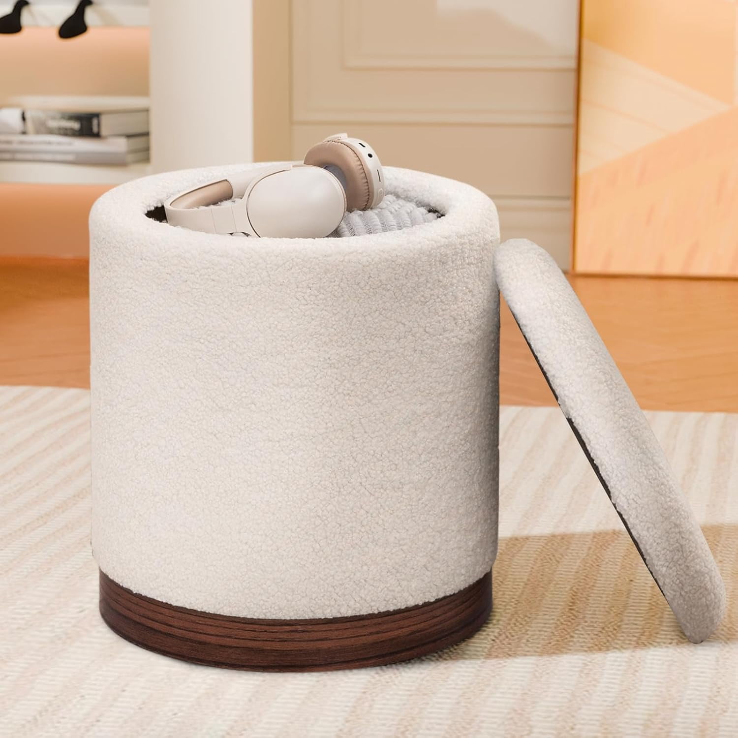 Joveco Round Storage Ottoman with Removable Lid, Boucle Small ...