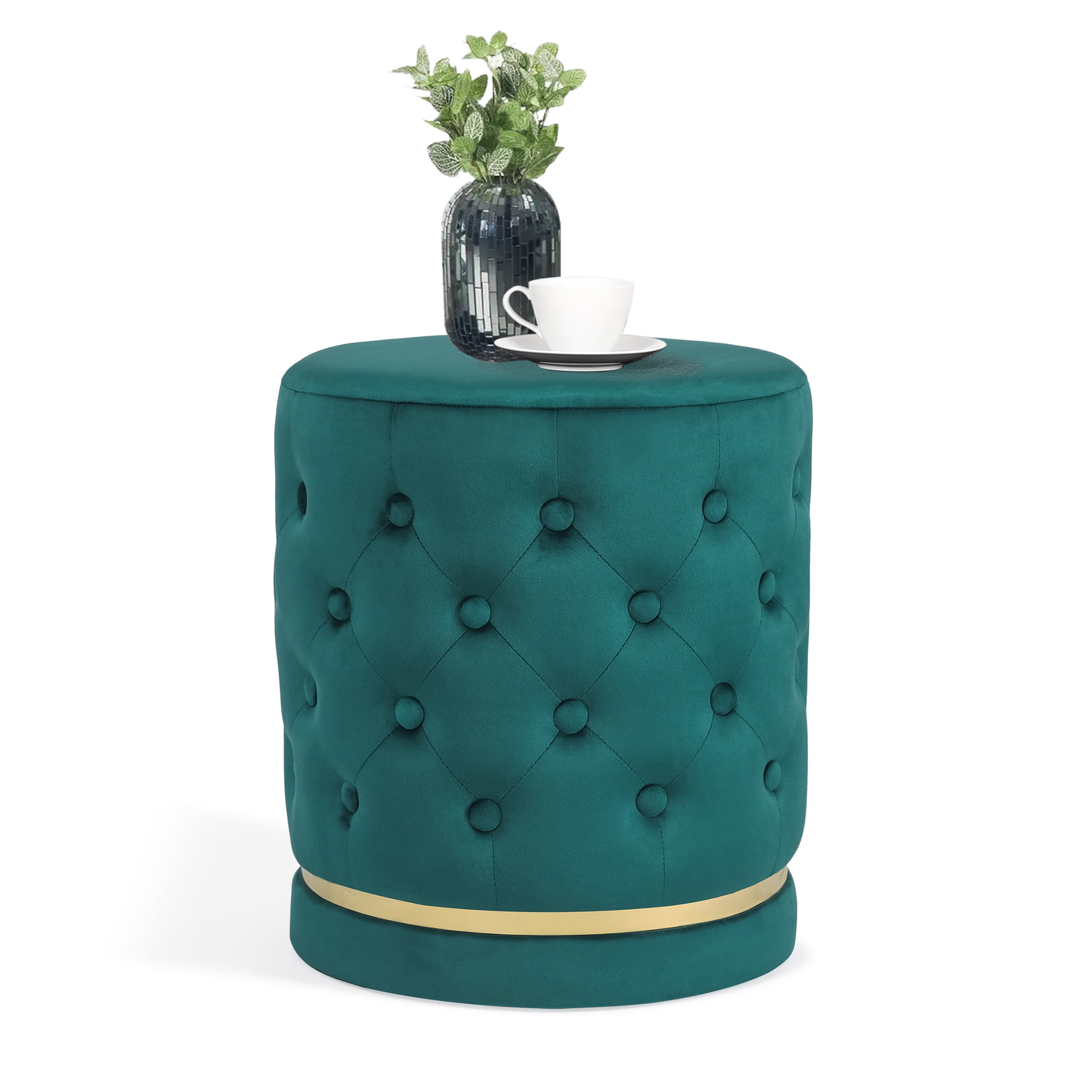 Joveco Round Velvet Ottoman Footstool, Modern Upholstered Button Tufted ...