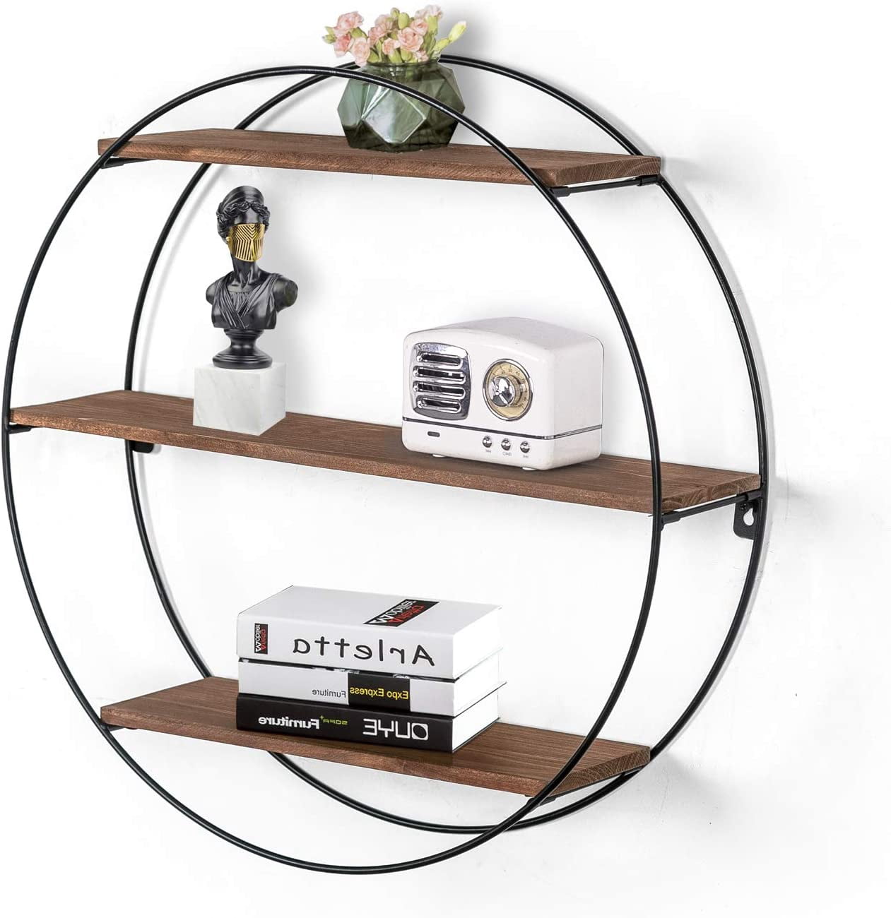 Joveco Round Wall Shelf Dark , 3 Tier Metal & Wood Circle Shelf Set ...