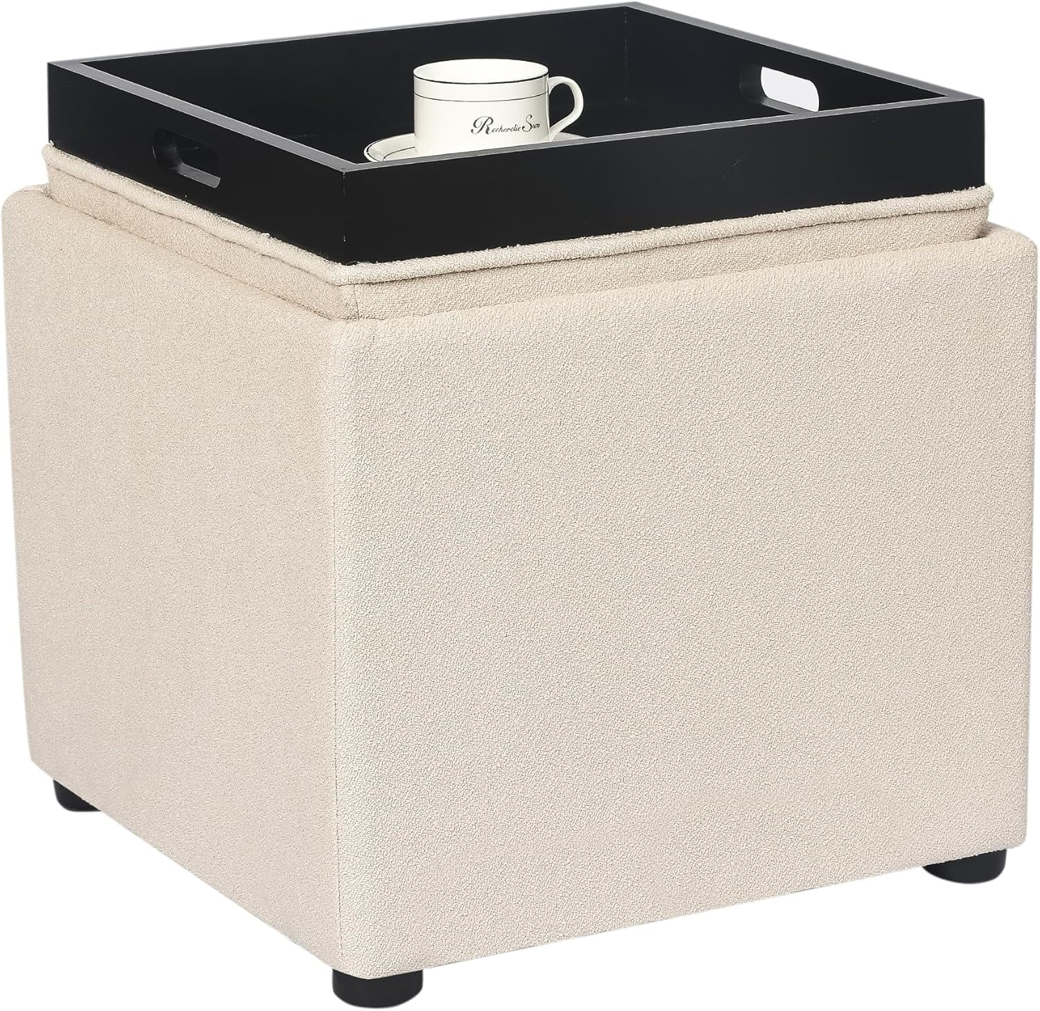 Joveco Storage Square Ottoman with Tray, Small Linen Foot Rest Stool ...