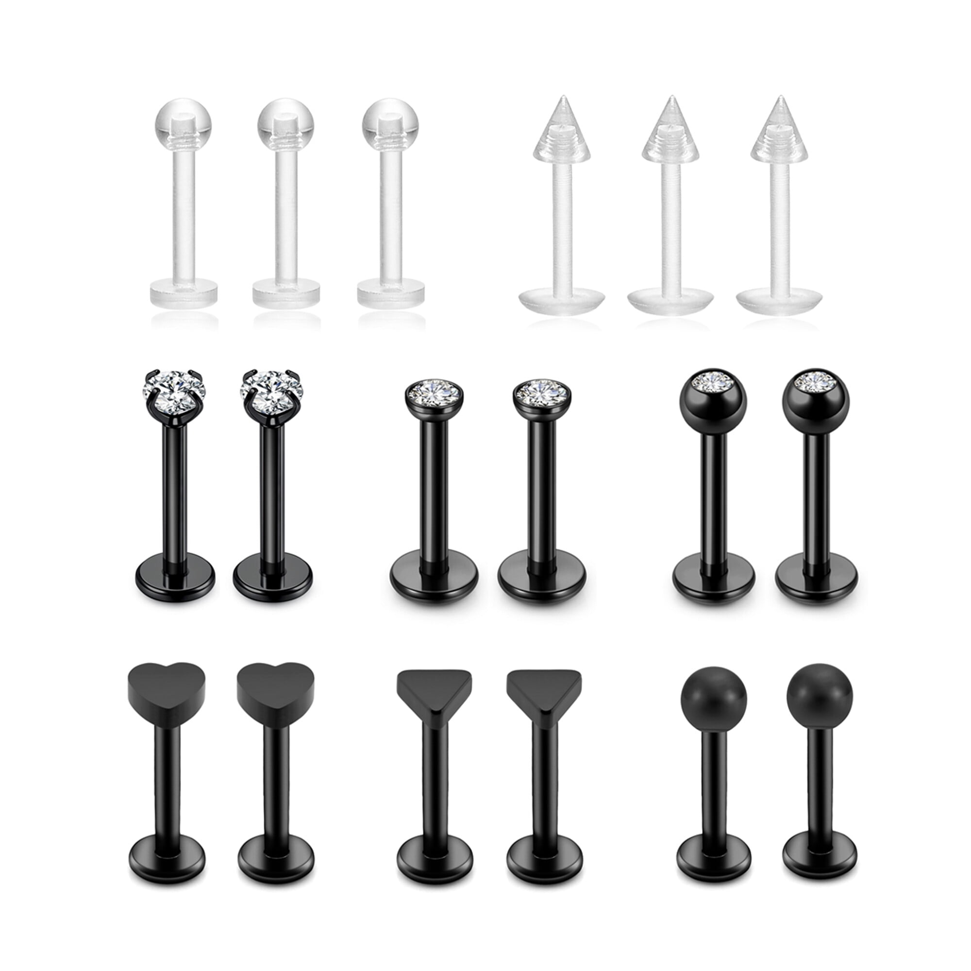 Jovivi 18pcs 16G Stainless Steel Nose Studs Tragus Labret Clear Nose ...