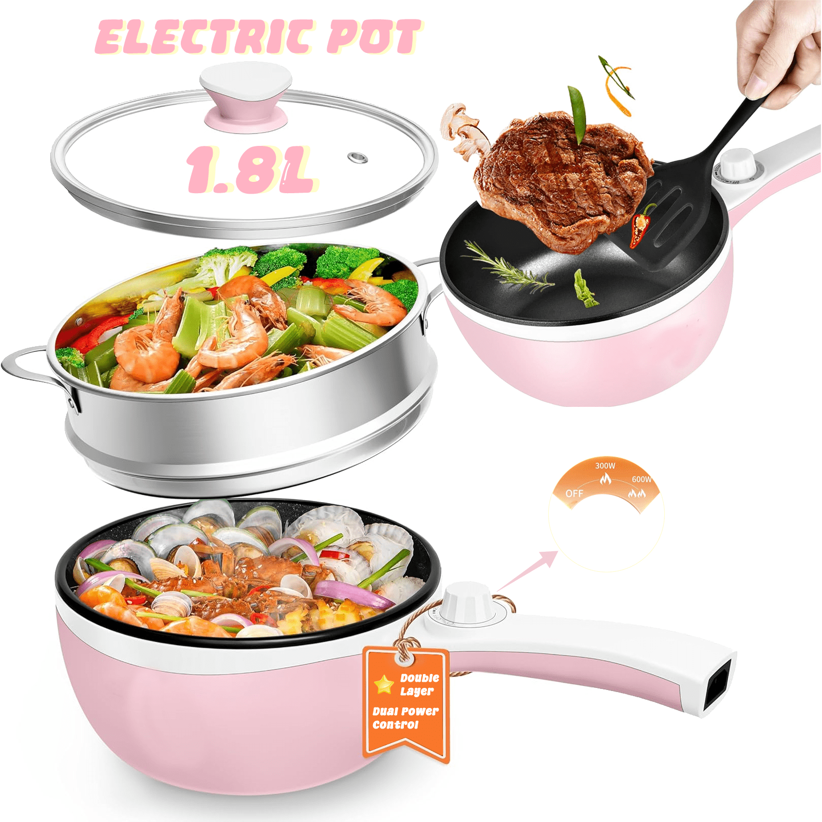 Jowenia Electric Hot Pot with Steamer, 1.8L Non-Stick Portable Mini Hot ...
