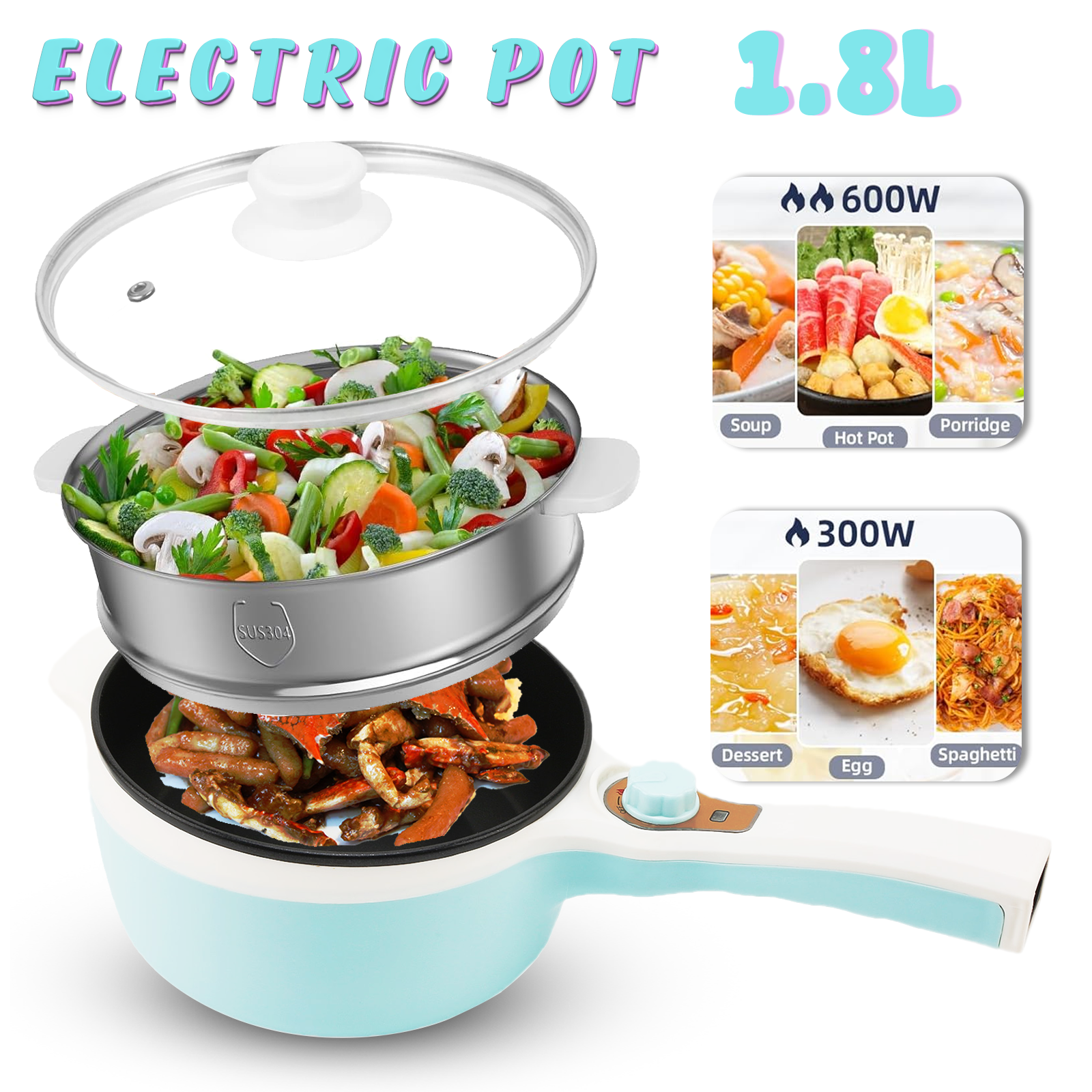 Jowenia Electric Hot Pot with Steamer Upgraded, 1.8L Mini Pot Non-Stick ...