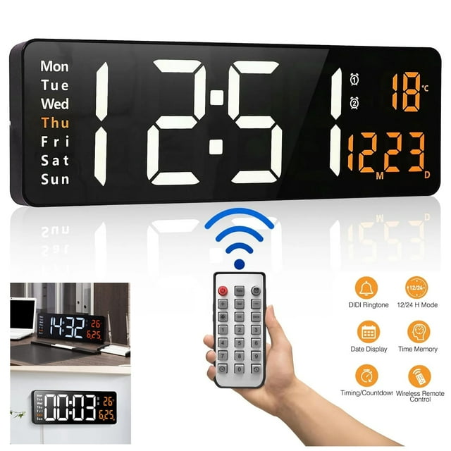 Jowenia Large Electronic Digital Wall Clock Remote Control Temp Date Week Display Power Off ...