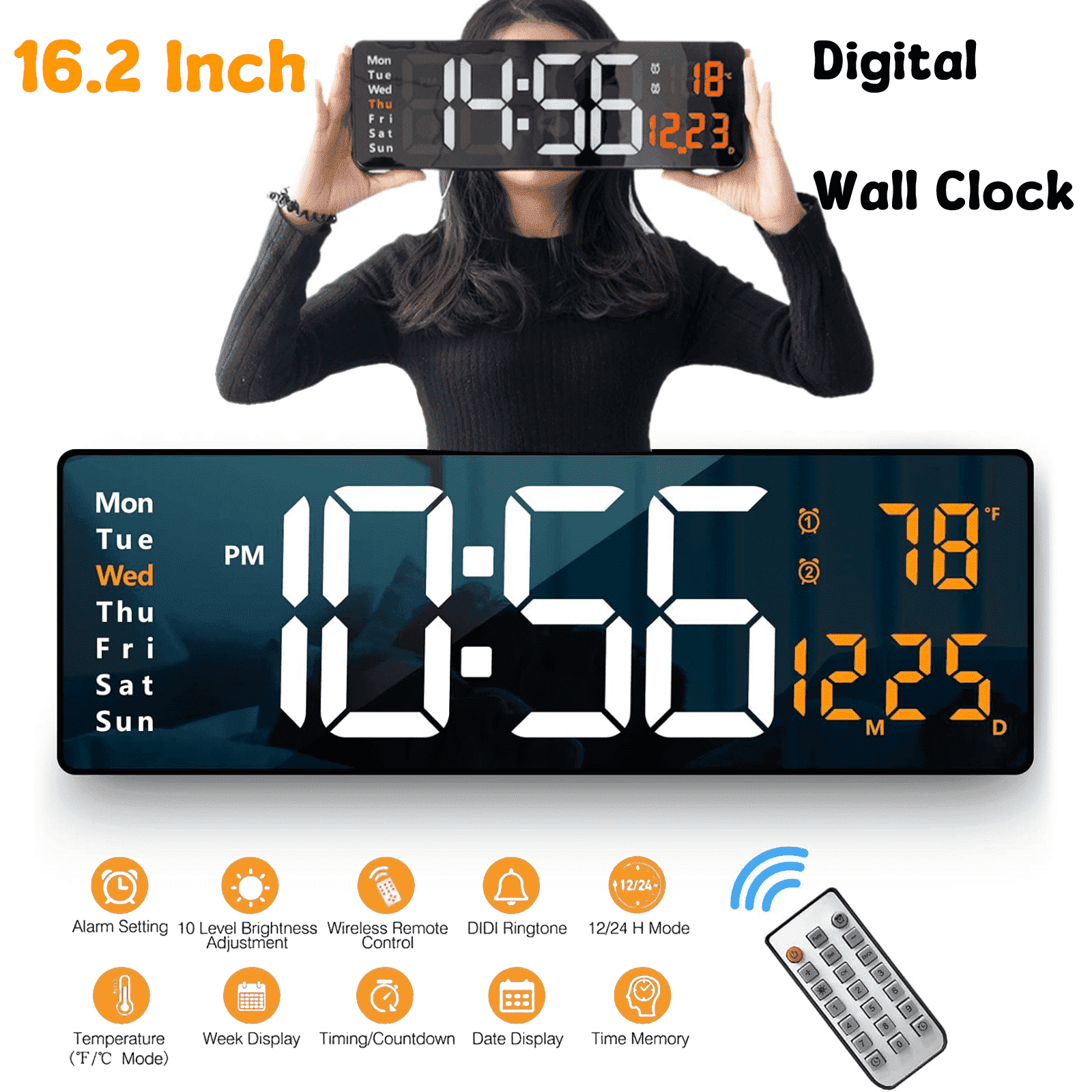 Jowenia Large Digital Wall Clock with Remote Control, 16" LED Display Count Up & Down Timer ...