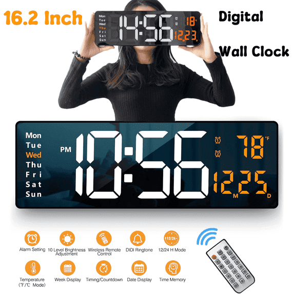 Jowenia Large Digital Wall Clock with Remote Control, 16" LED Display Count Up & Down Timer ...