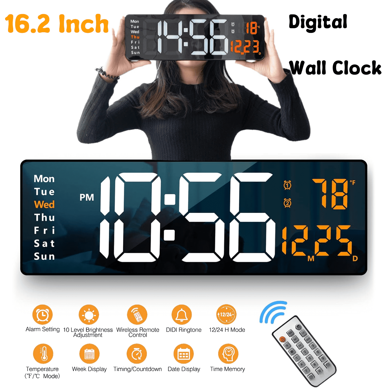 Jowenia Large Electronic Digital Wall Clock Remote Control Temp Date Week Display Power Off ...