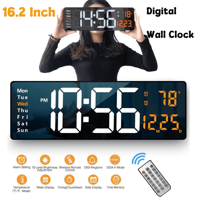Jowenia Large Electronic Digital Wall Clock Remote Control Temp Date ...