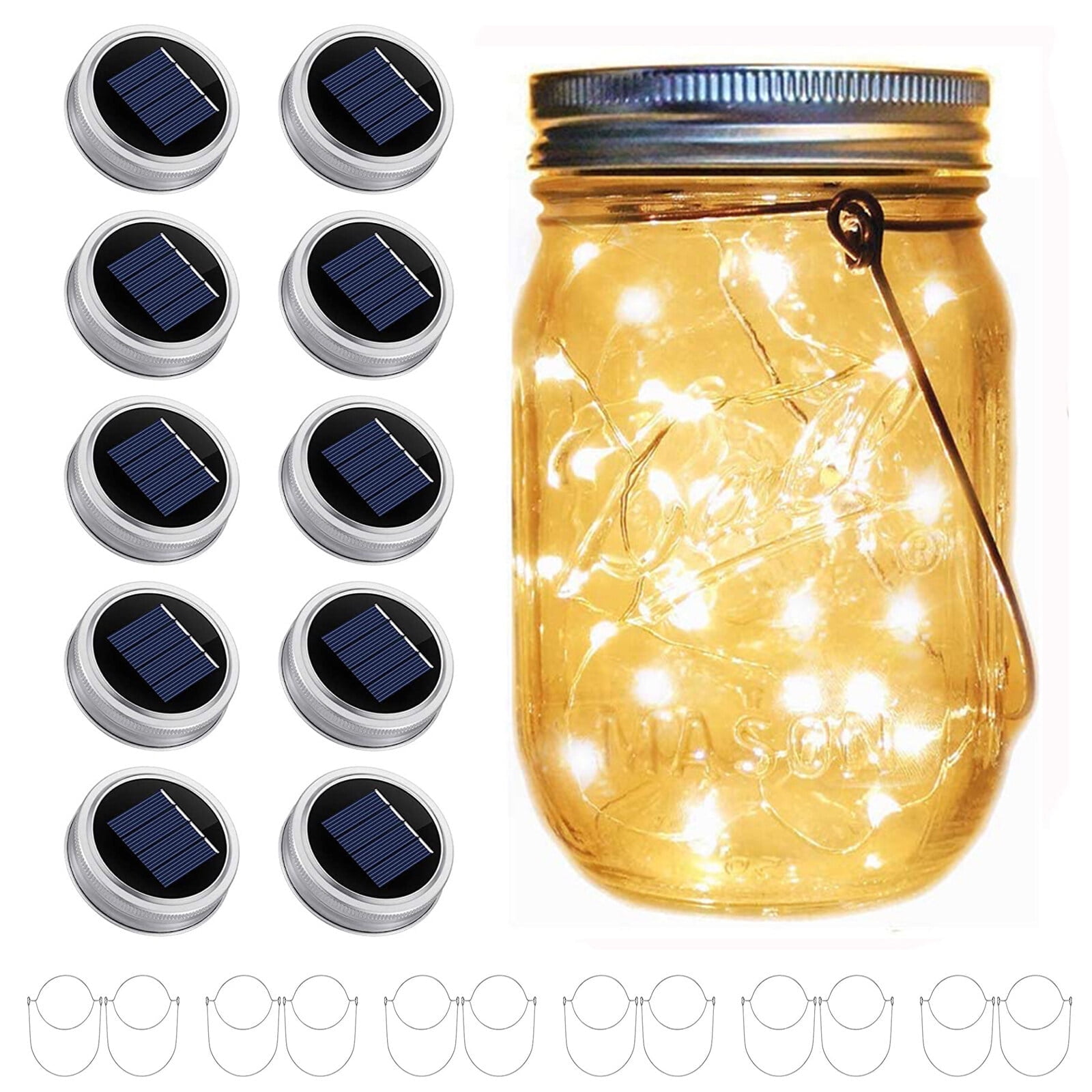 Jowenia Solar Mason Jar Lids String Lights, 10 Pack 20 LEDs Solar Fairy ...