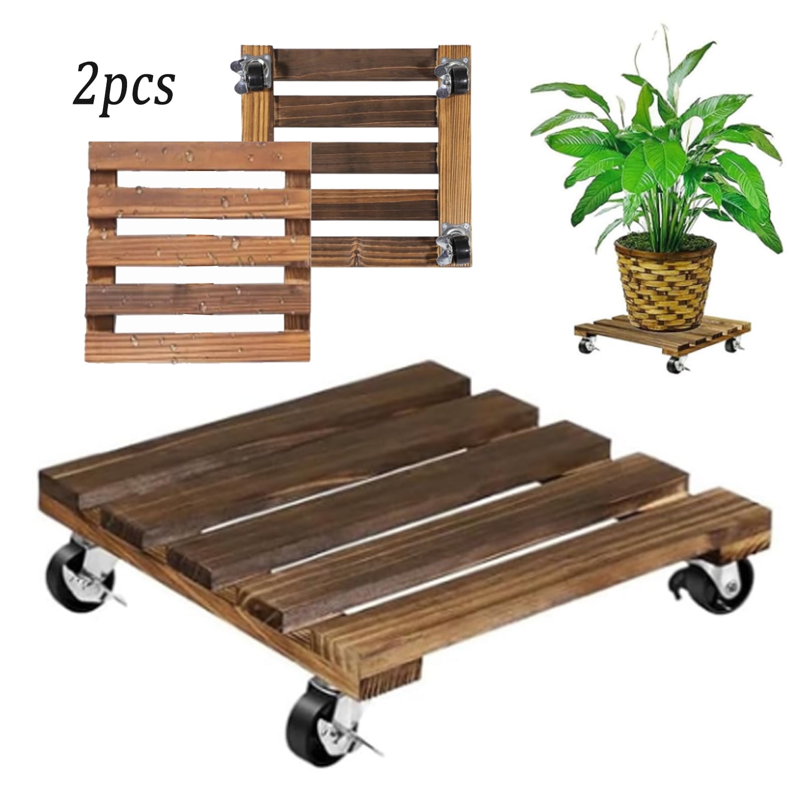 Jowenia Square Wood Plant with Wheels 12'' 2 Set, Plant Caddy with ...