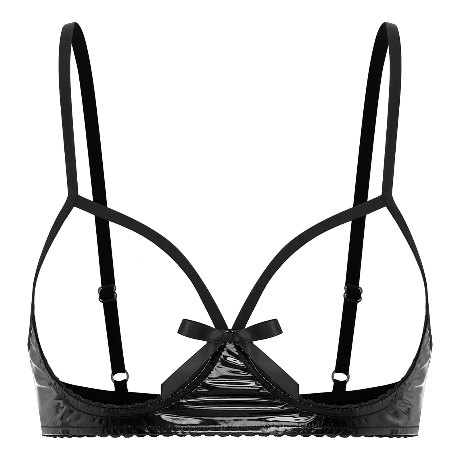 Jowowha Women Sexy Wetlook Latex Bra Nipple Open Bust Cupless Bralette Lingerie Cage Top Black L