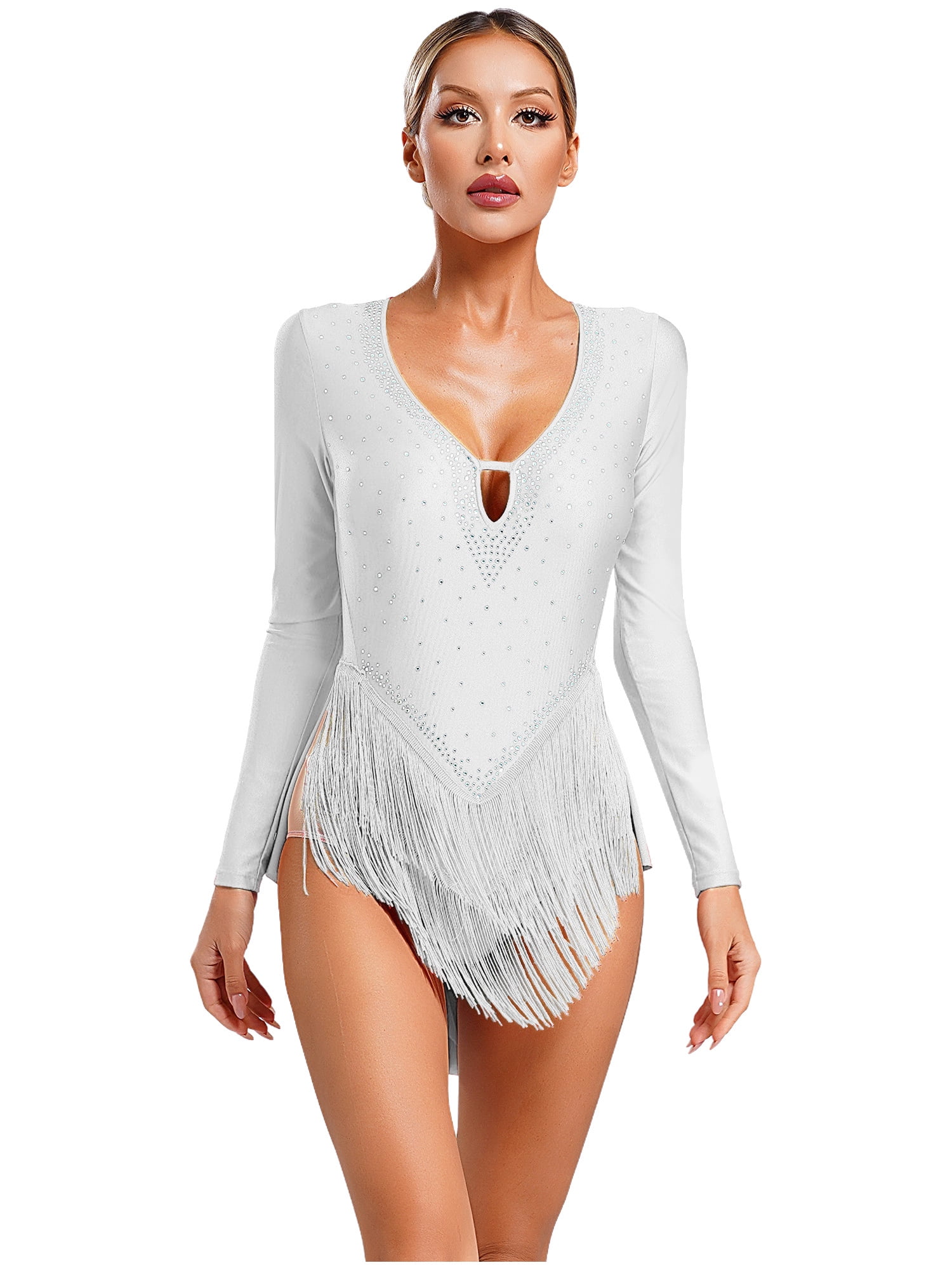 Jowowha Women's Fringe Bodysuit Rumba Tango Latin Dancewear V Neck Long Sleeve Dance Leotard ...