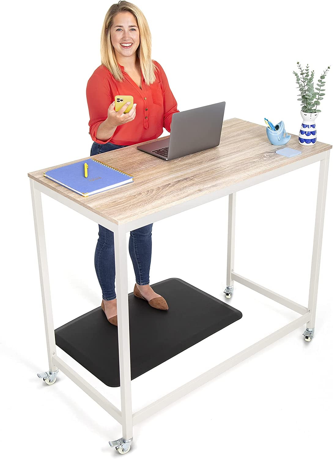 Joy Large 47" Tall Mobile Workstation Table with Metal Top and Wheels ...