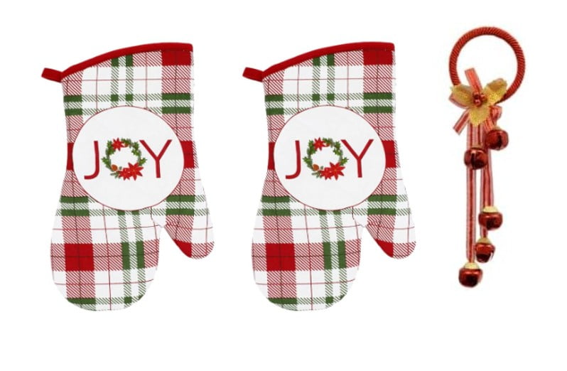 Joy Christmas Oven Mitts Set with Bell Décor – 2-Pack Holiday Plaid ...