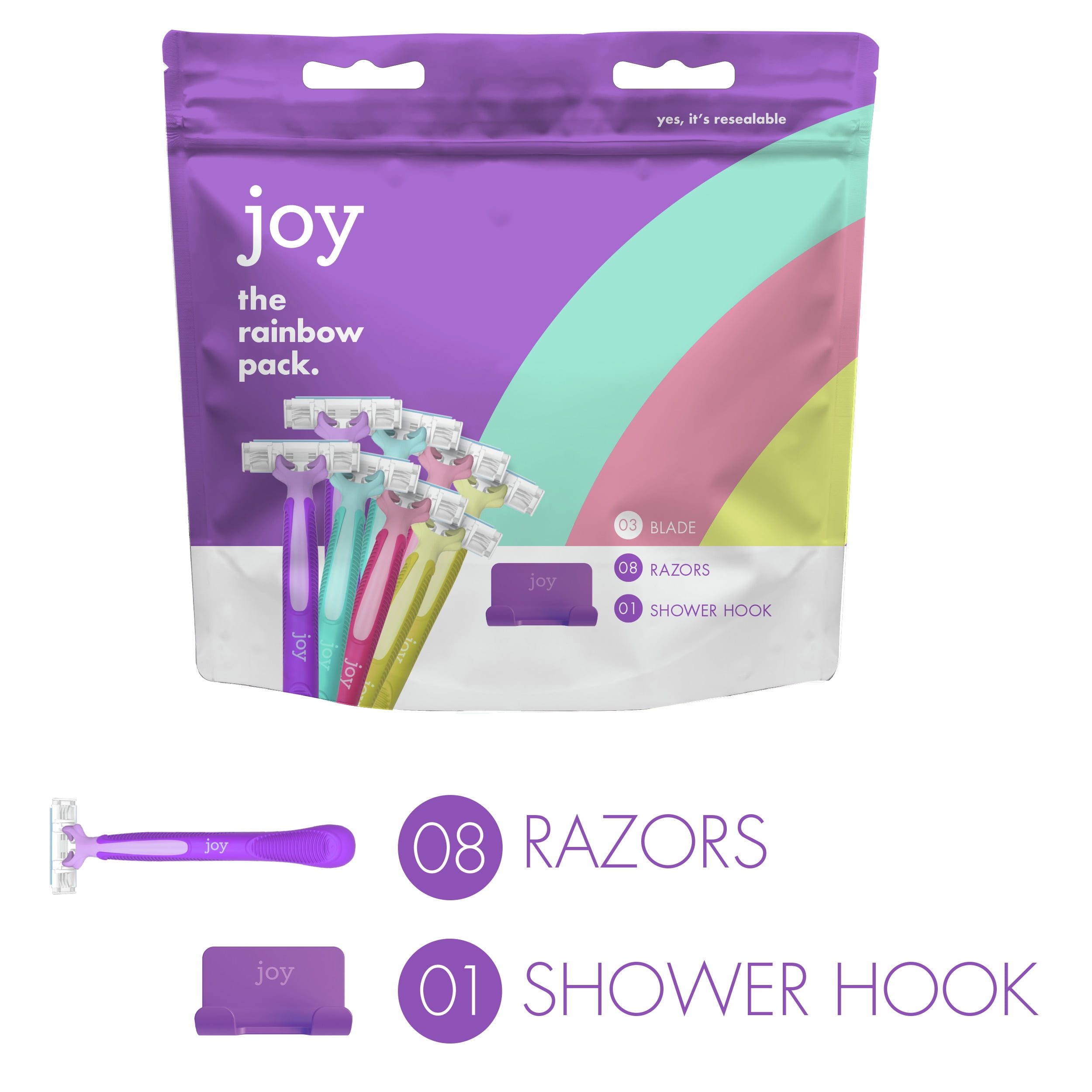 Joy Disposable Razors for Women, Rainbow Pack, 8 Razors, 1 Shower Hook ...