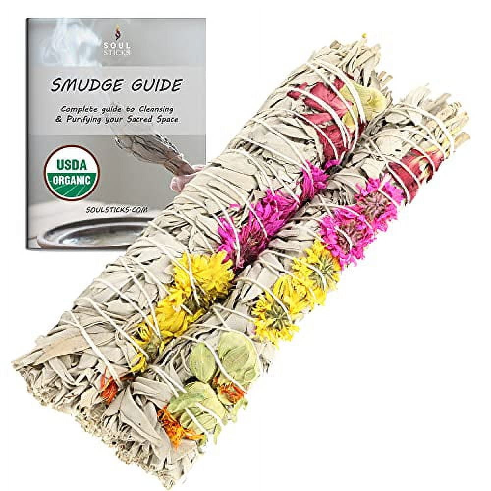 3 Pack Floral White Sage Smudge Sticks USDA Organic with Smudging Guide ...