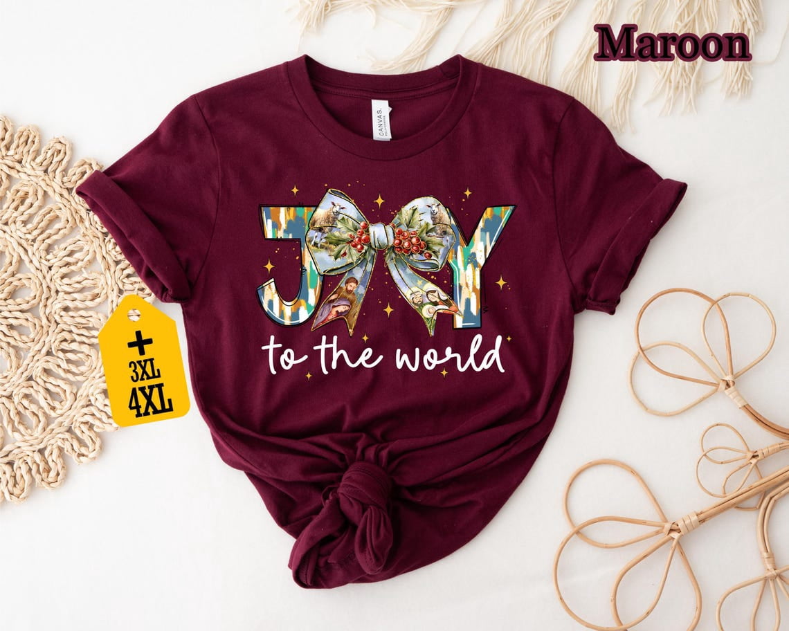 Joy to the World Shirt, Nativity Scene Bow Tee, Christian T-Shirt ...