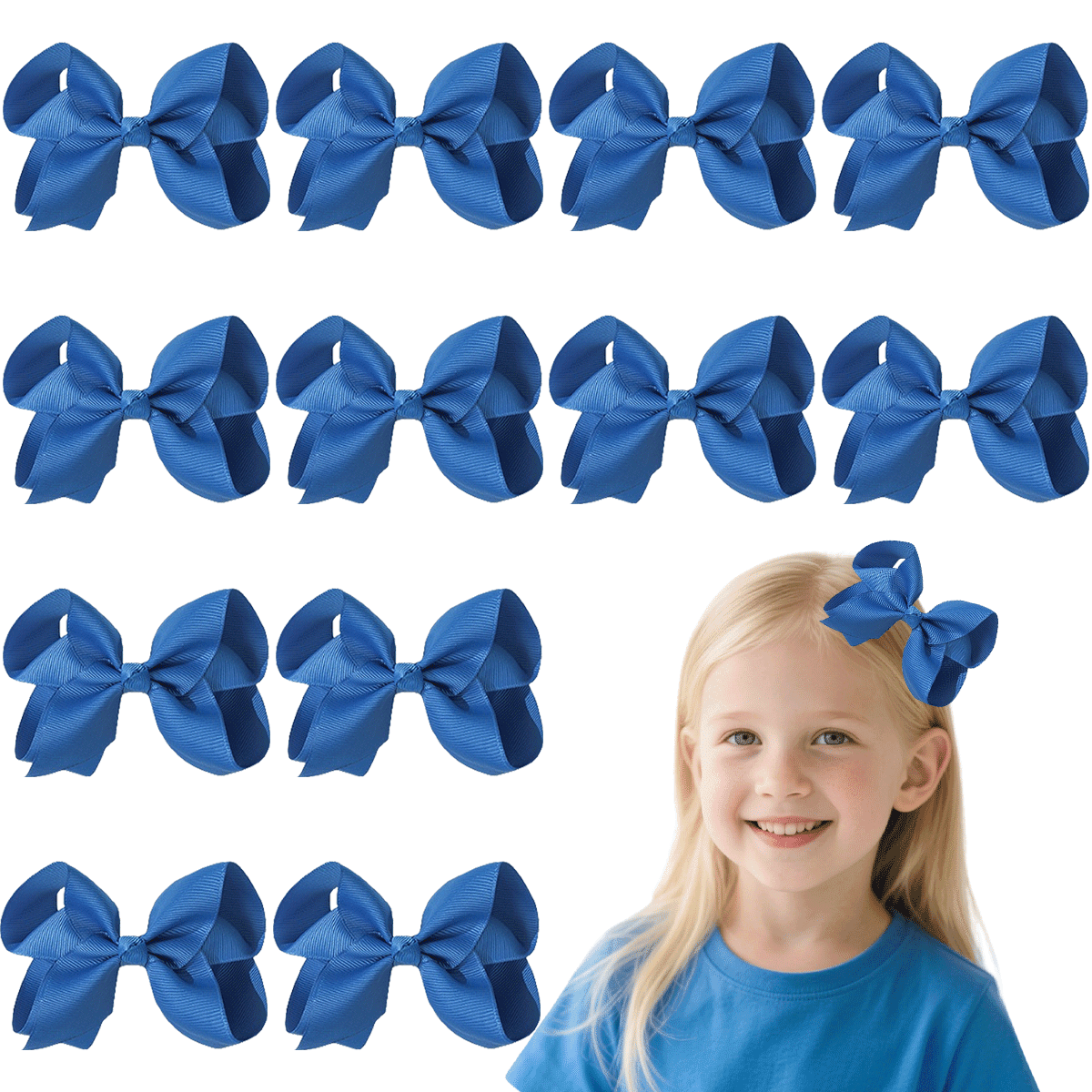 JoyBowie 12pcs 4.5inch Blue Ribbon Hair Bows for Girls Daily Party ...