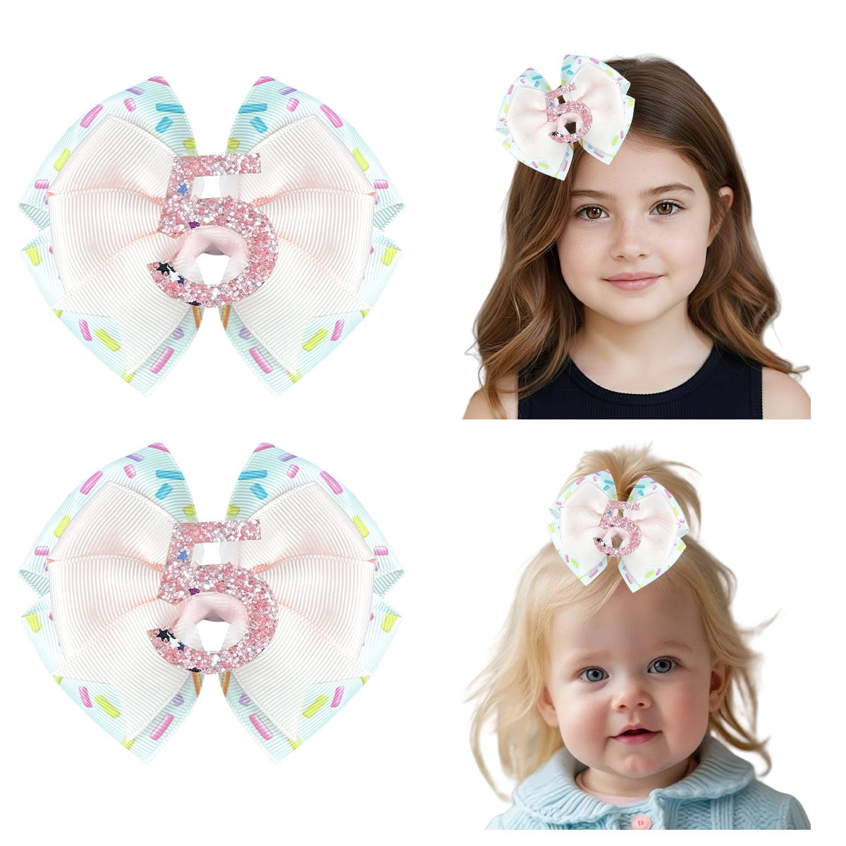 JoyBowie 2 Pack 4 Inch 5th Birthday Hair Bows for Girls, Sprinkle Print ...
