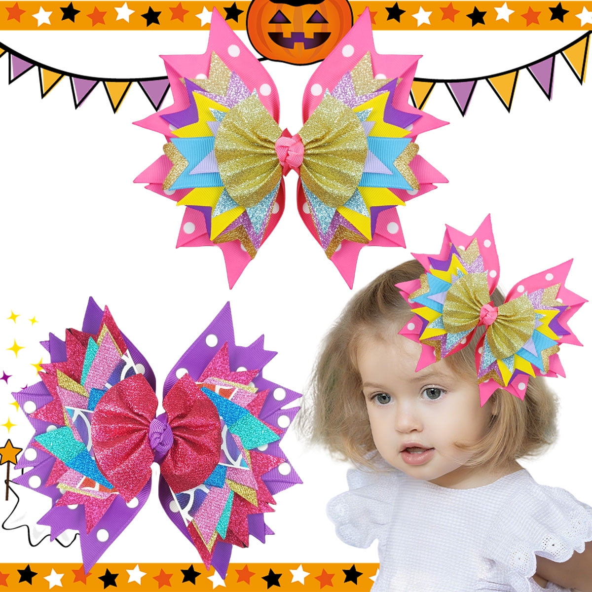 JoyBowie 2pcs 7 Inch Glitter Hair Bows Set for Girls, Multi-Color ...