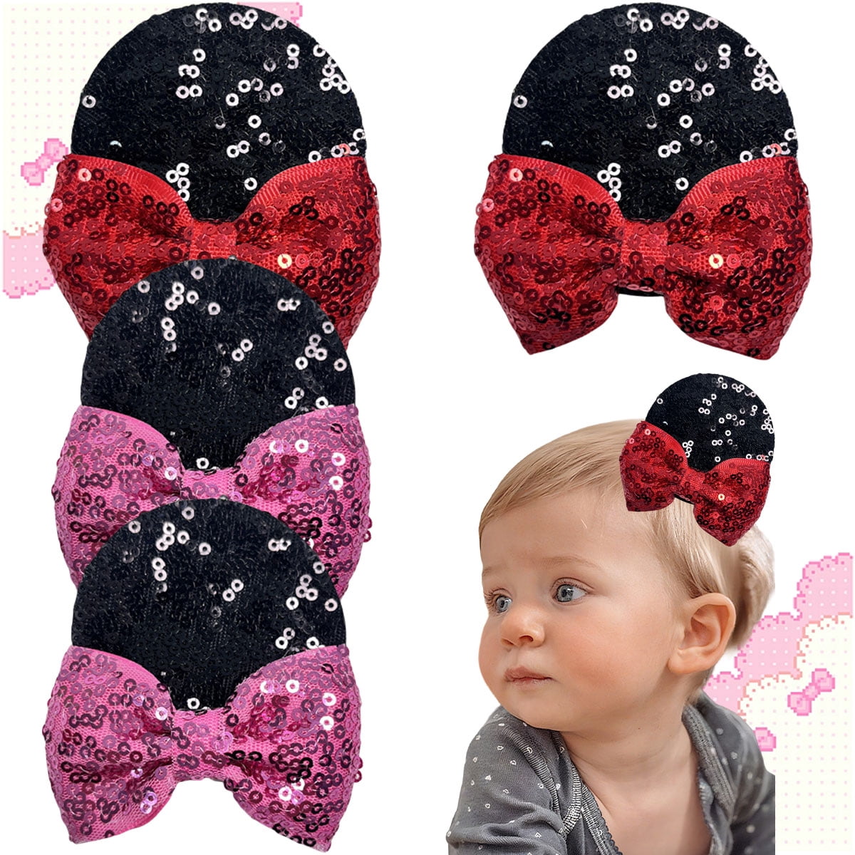 JoyBowie 4pcs 3.4 Inch Sequin Hair Bows Set for Toddlers Girls, Glitter ...