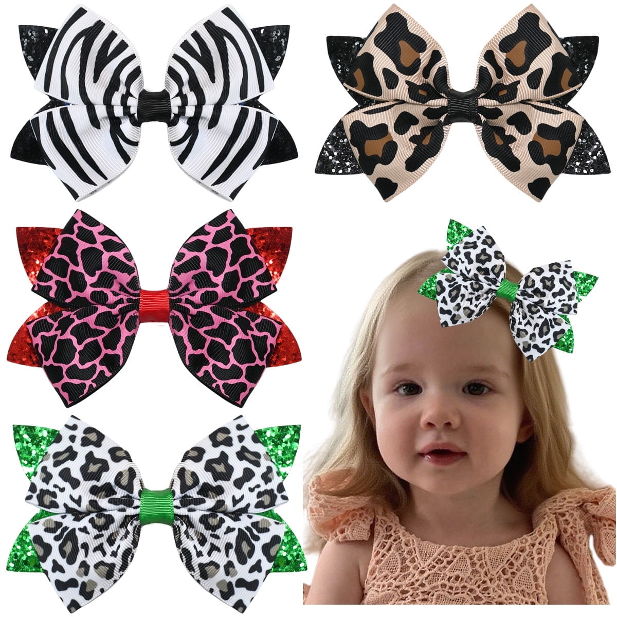 JoyBowie 4 Pcs 4.3in Zebra Print Glitter Grosgrain Ribbon Alligator ...