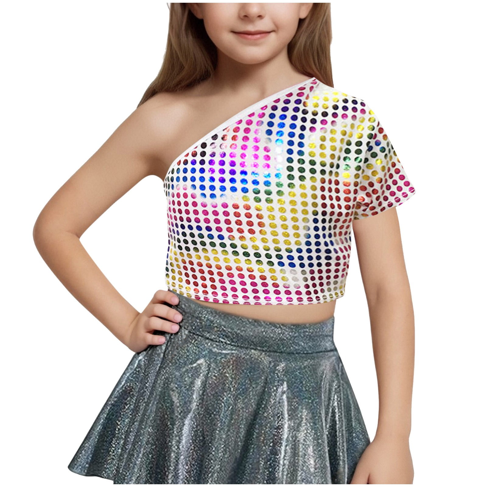 JoyHoop Kids Girls One-Shoulder Sequins Dance Crop Tops Jazz Hip Hop ...