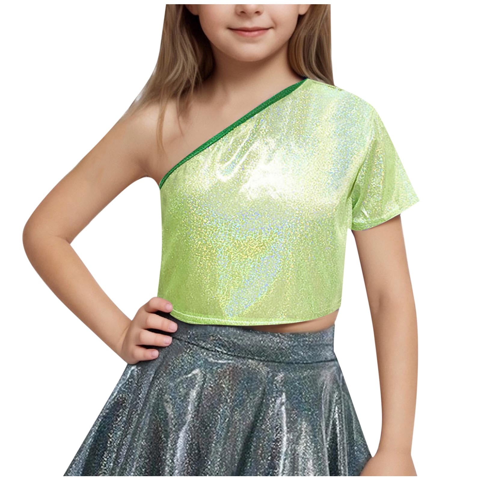 JoyHoop Kids Girls One-Shoulder Sequins Dance Crop Tops Jazz Hip Hop ...