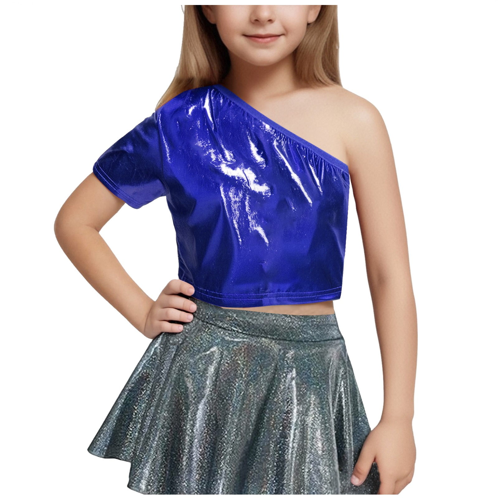 JoyHoop Kids Girls One-Shoulder Sequins Dance Crop Tops Jazz Hip Hop ...
