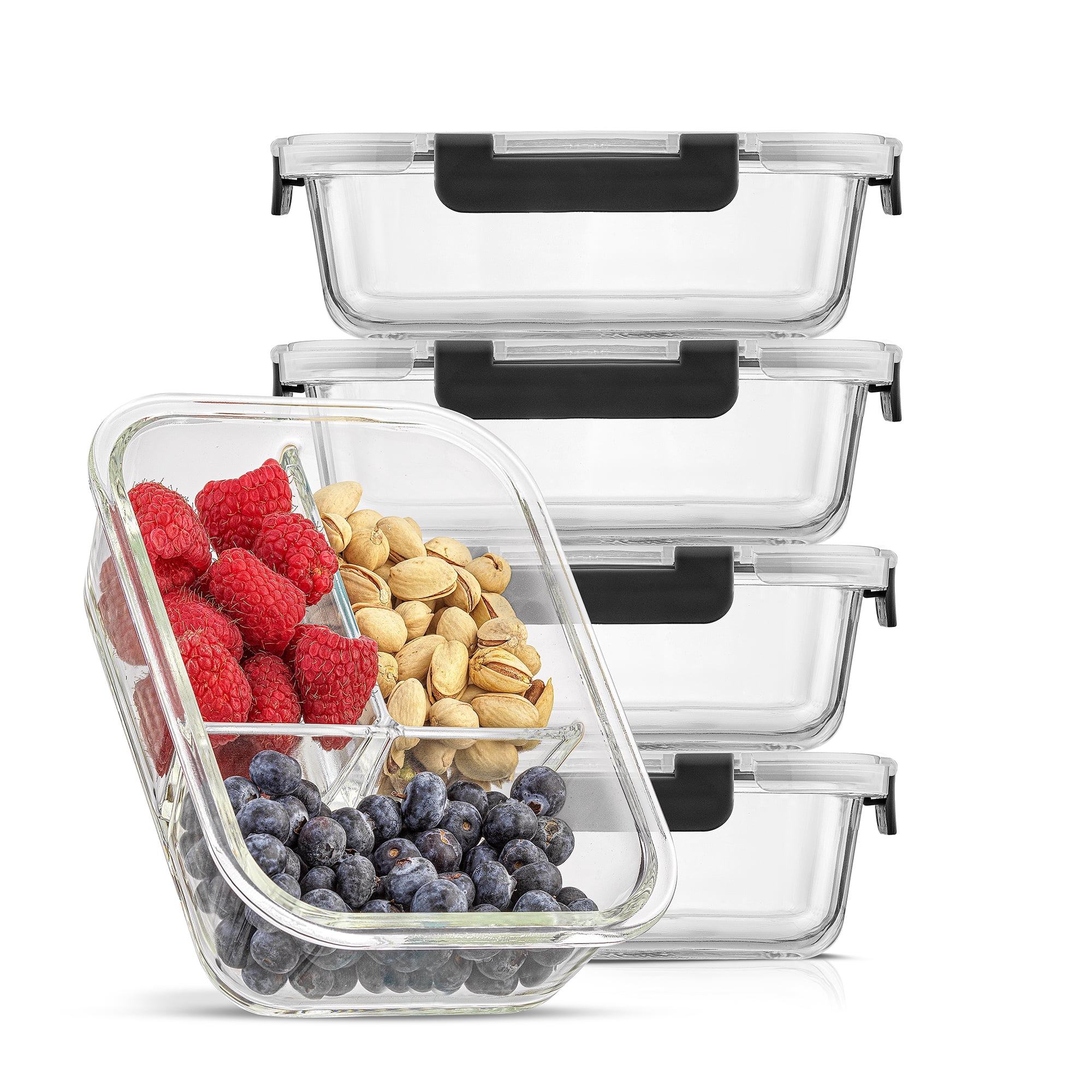 JoyJolt 3-Sectional Food Prep Storage Containers - Set of 5 - Black ...