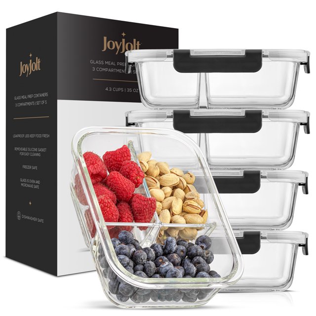 JoyJolt 3-Sectional Food Prep Storage Containers - Set of 5 - Black ...