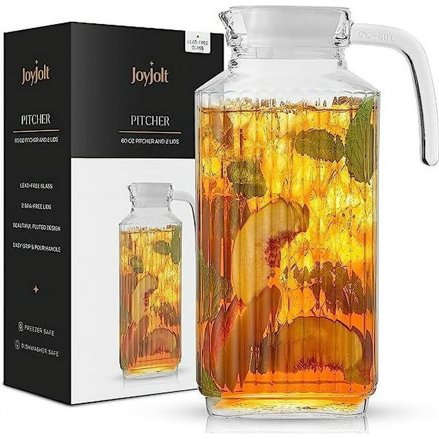 JoyJolt Glass Pitcher Beverage Dispenser with Handle, 2 Lids - 60 oz ...