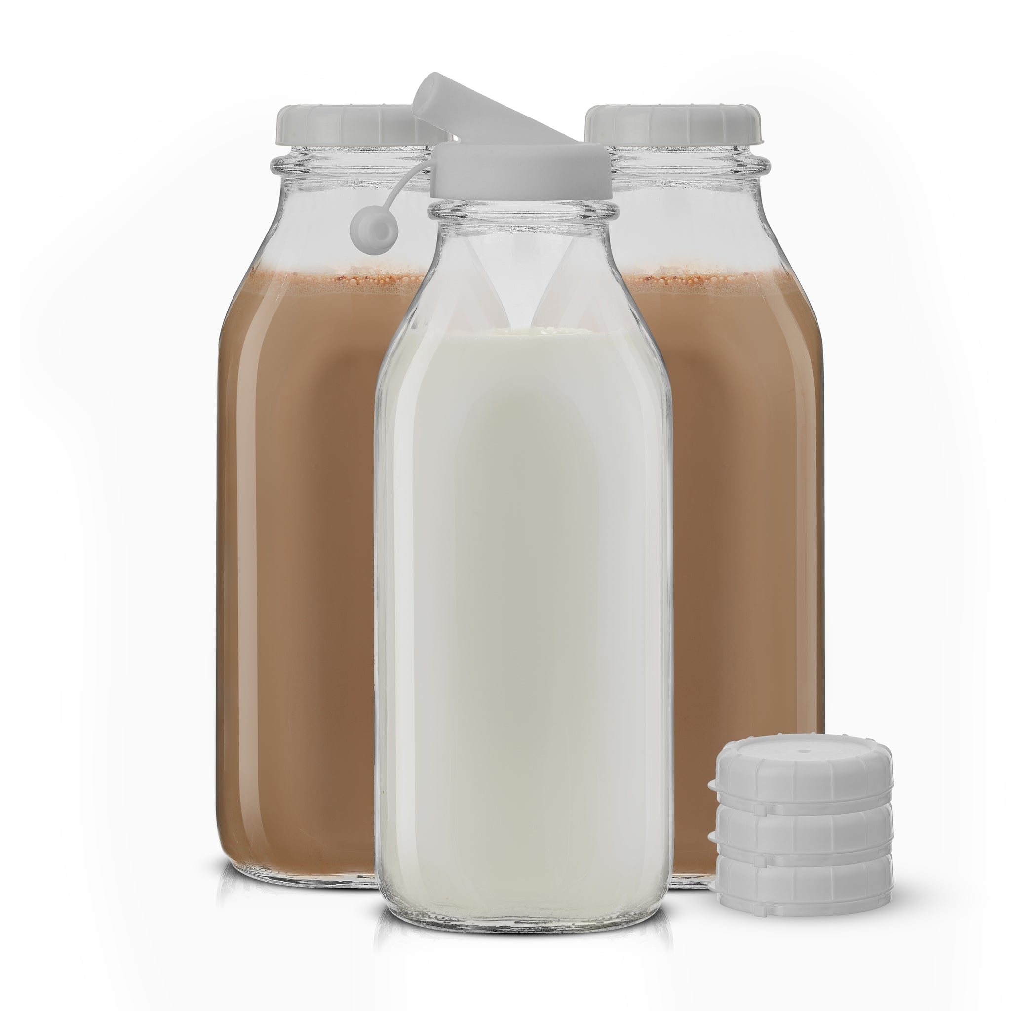 JoyJolt Glass Milk Bottle Set, Reusable Lead-Free 32 oz with Spout and ...