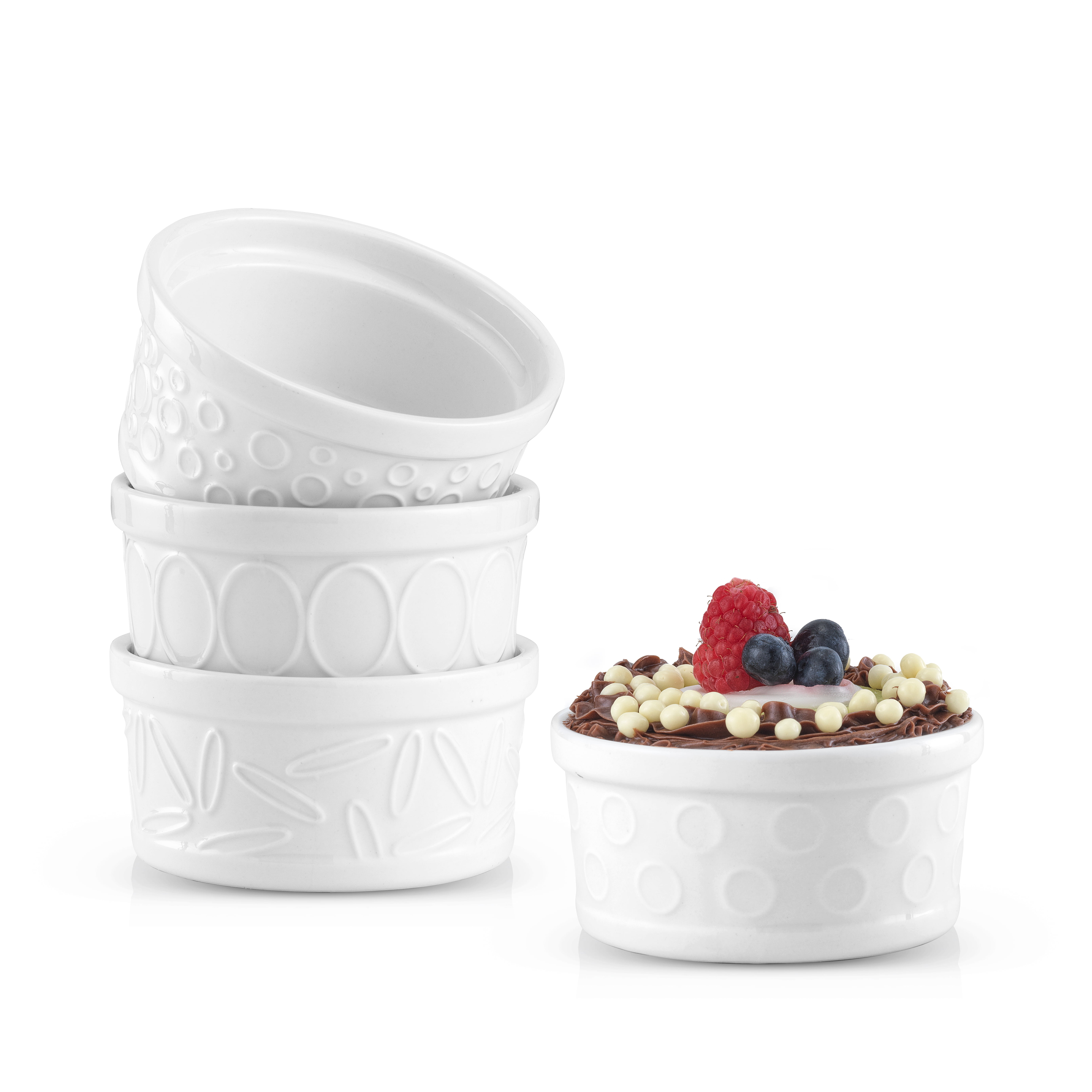 JoyJolt White Embossed Porcelain Ramekins - 4 oz- Set of 4 Crème Brulee ...