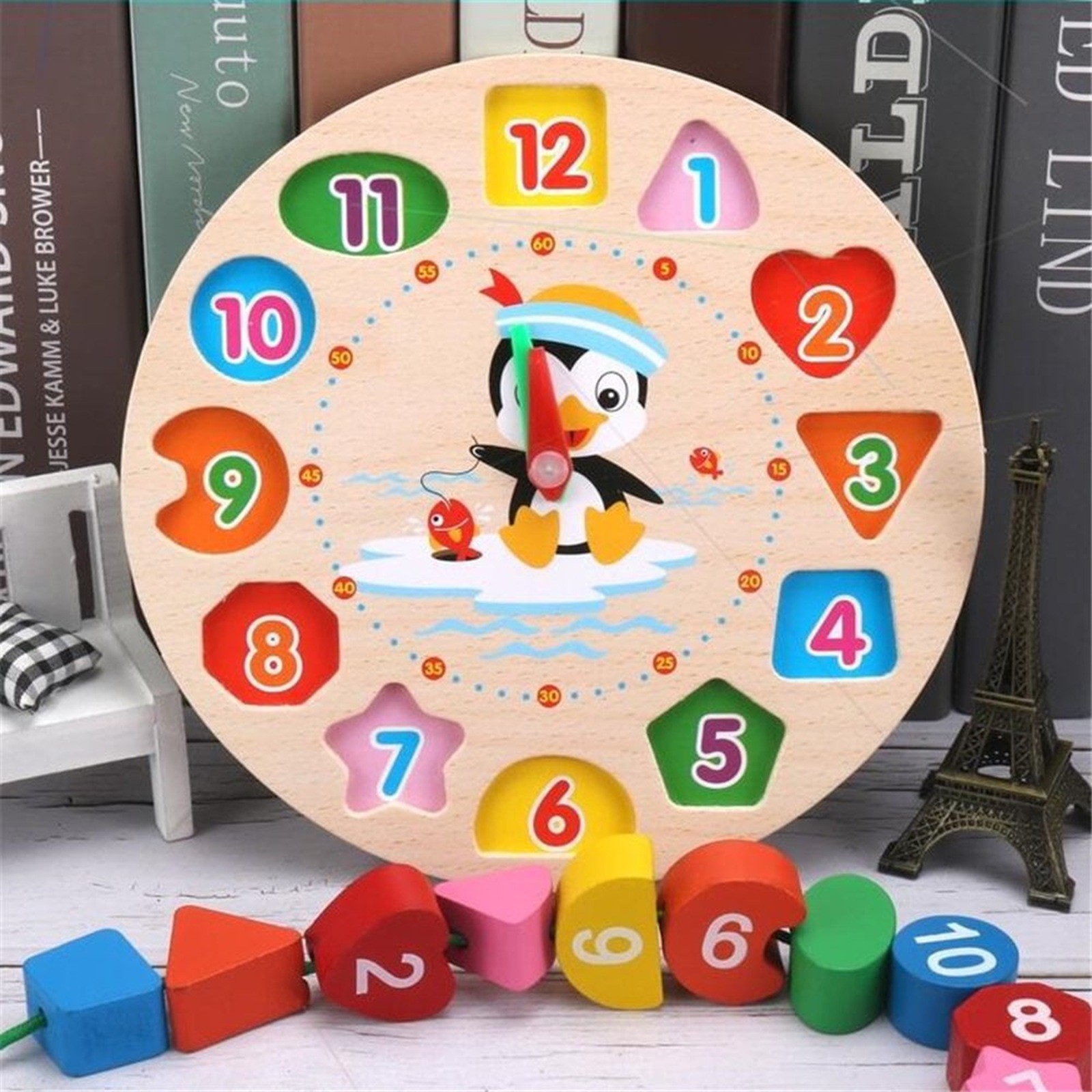JoyMagic Wooden Shape Color Sorting Clock Toy Number Puzzle Stacking ...