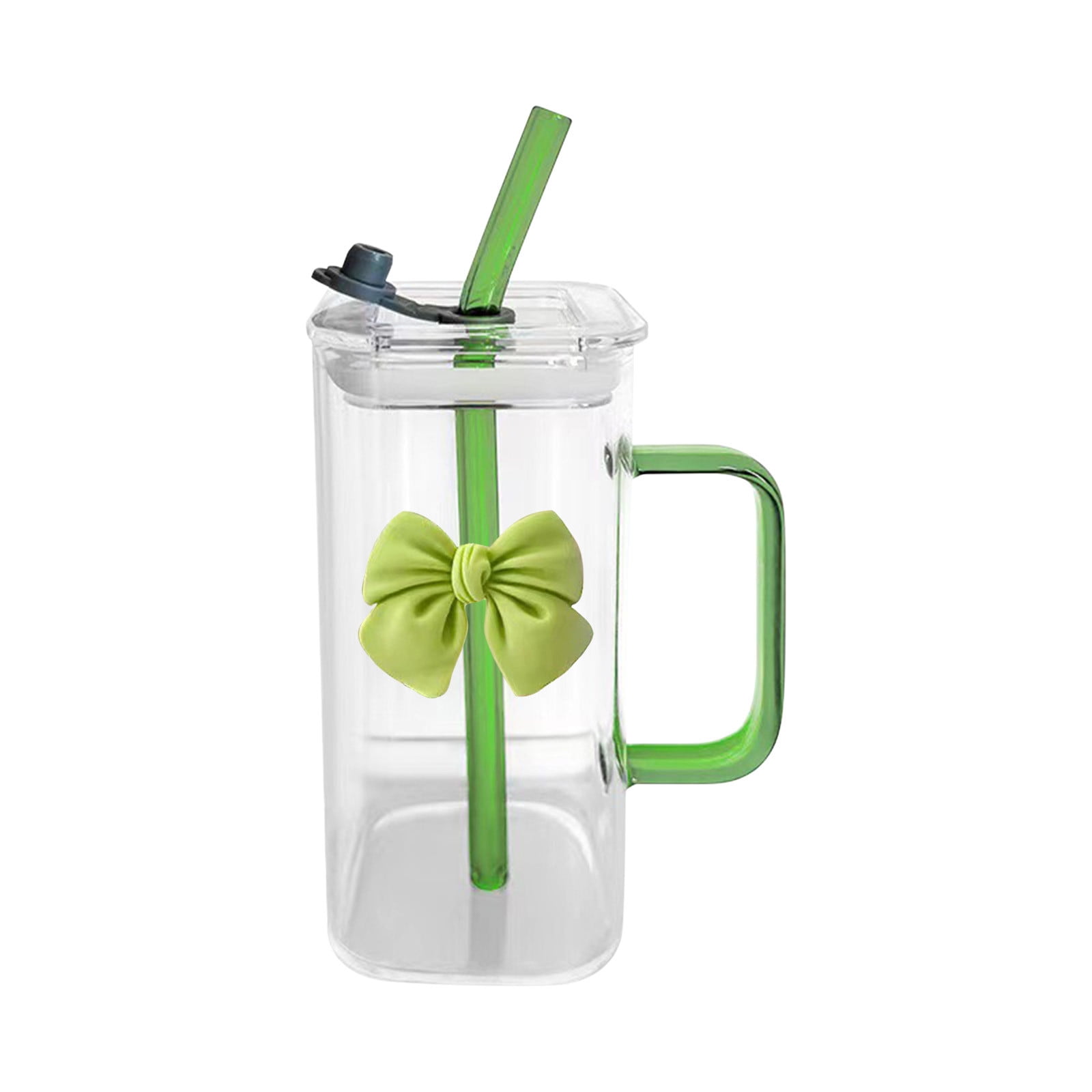 JoyMoreHome Bow Knot Square Transparent Glass Cup with Lid Straw Handle ...