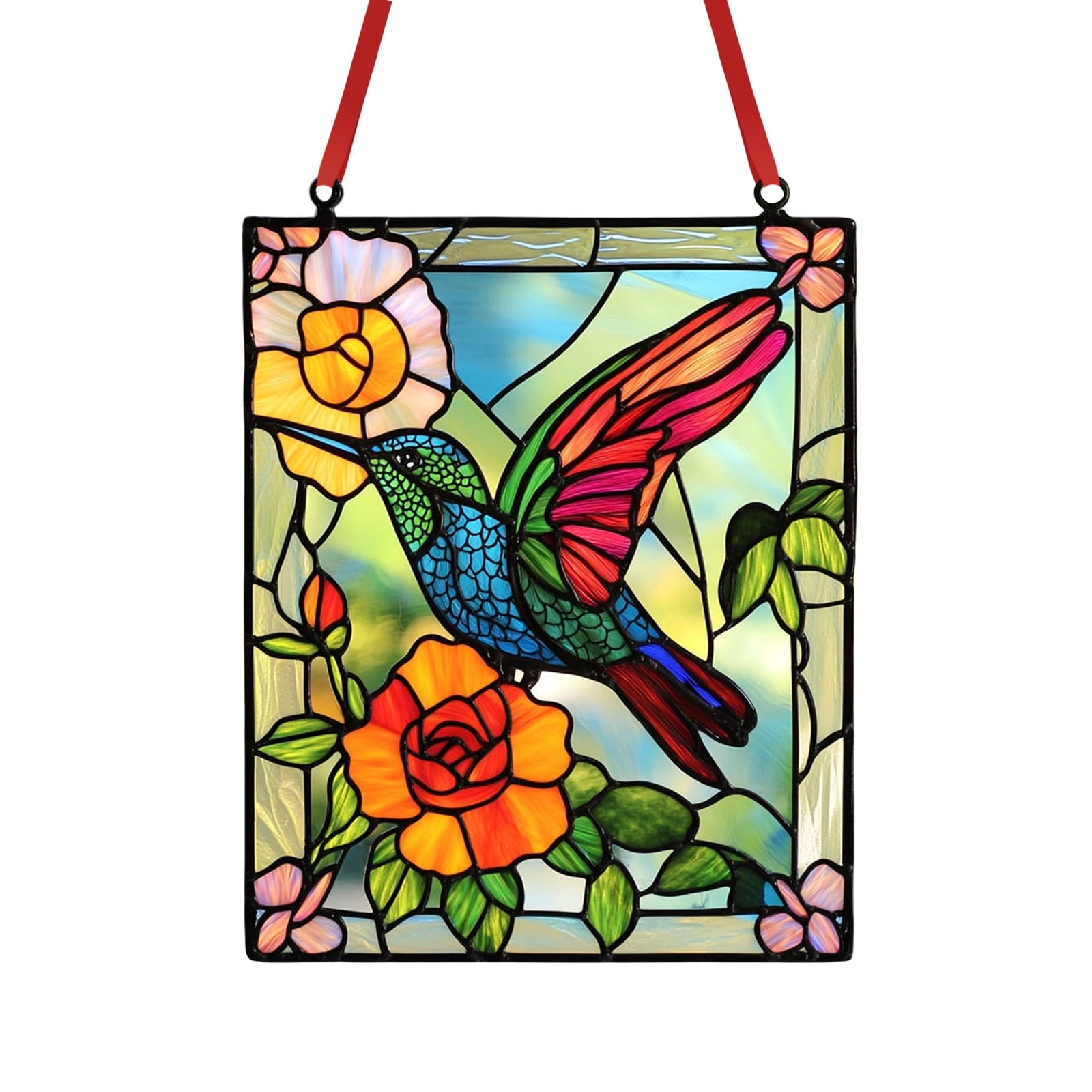 JoyMoreHome Hummingbirds with Flowers Suncatcher Indoor/Outdoor Stained Glass Window Hanging ...