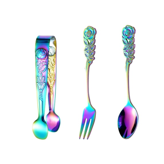 JoyMoreHome Rose Handle Spoon Fork Tong Set Stainless Steel Flatware ...