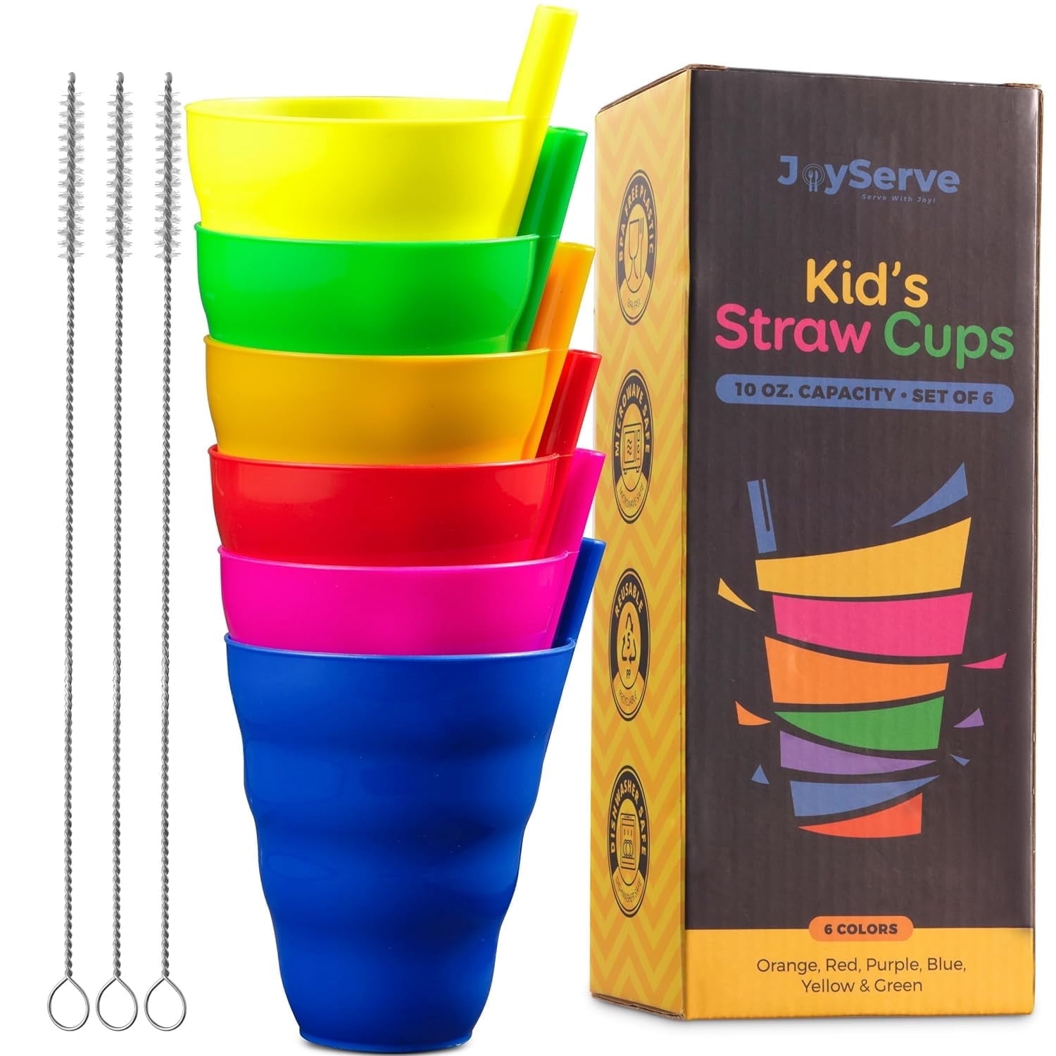 JoyServe 6-Pack Kids Cups with Straws – BPA-Free Plastic Tumblers with ...