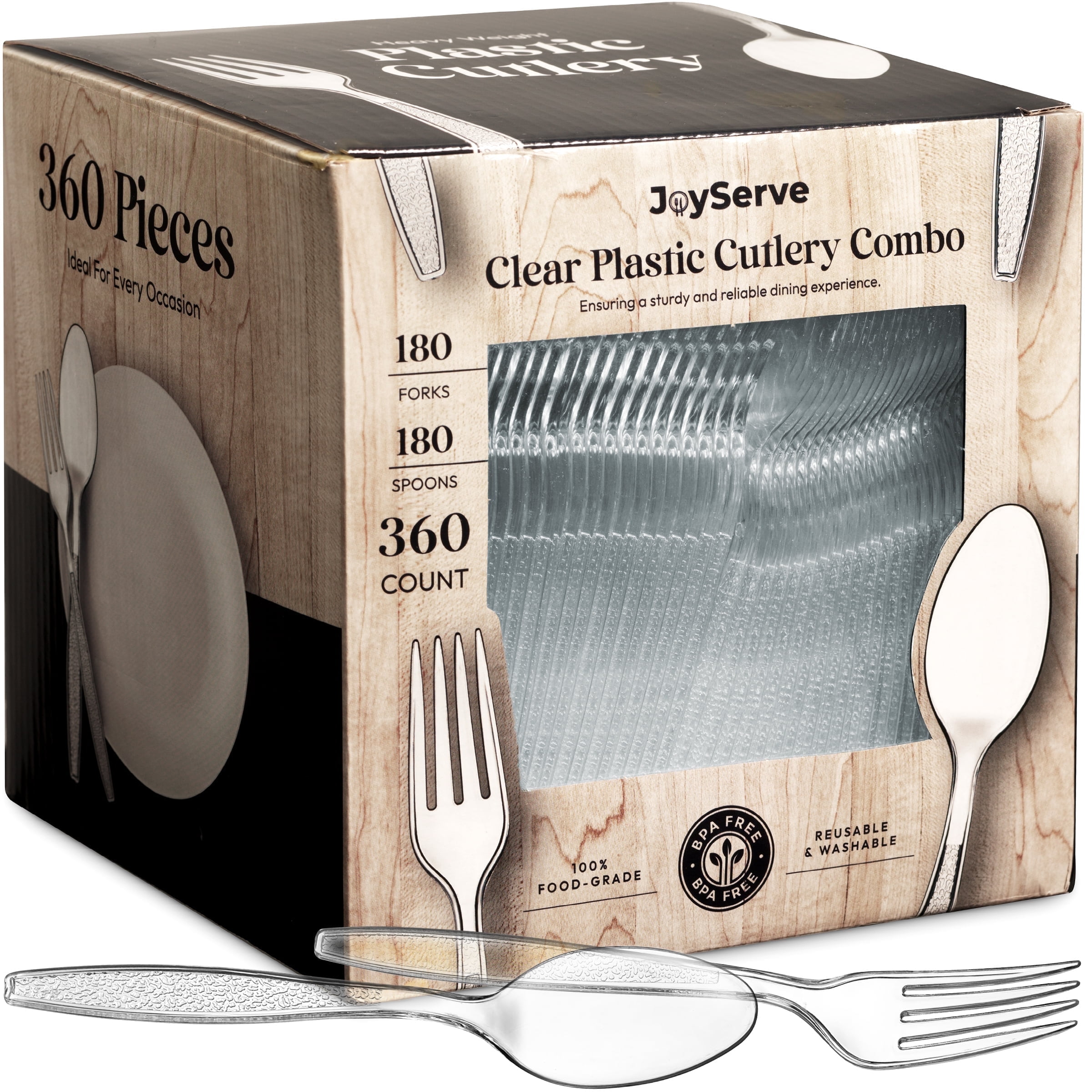 JoyServe Heavy-Duty Clear Plastic Utensils, Disposable 180 Forks & 180 ...