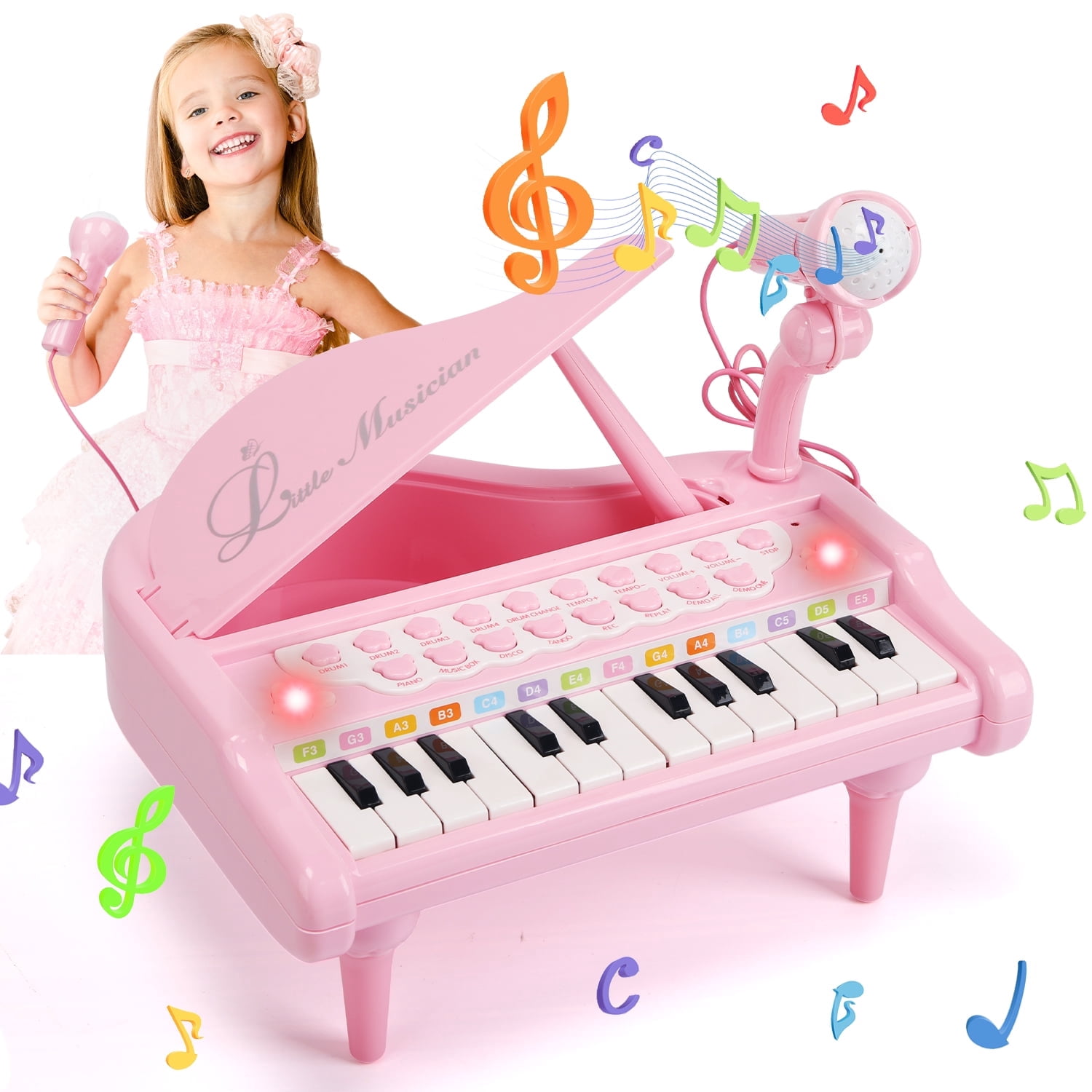 JoyStone Pink Toy Piano for Kids Aged 3-6 with Microphone 24 Keys Music ...