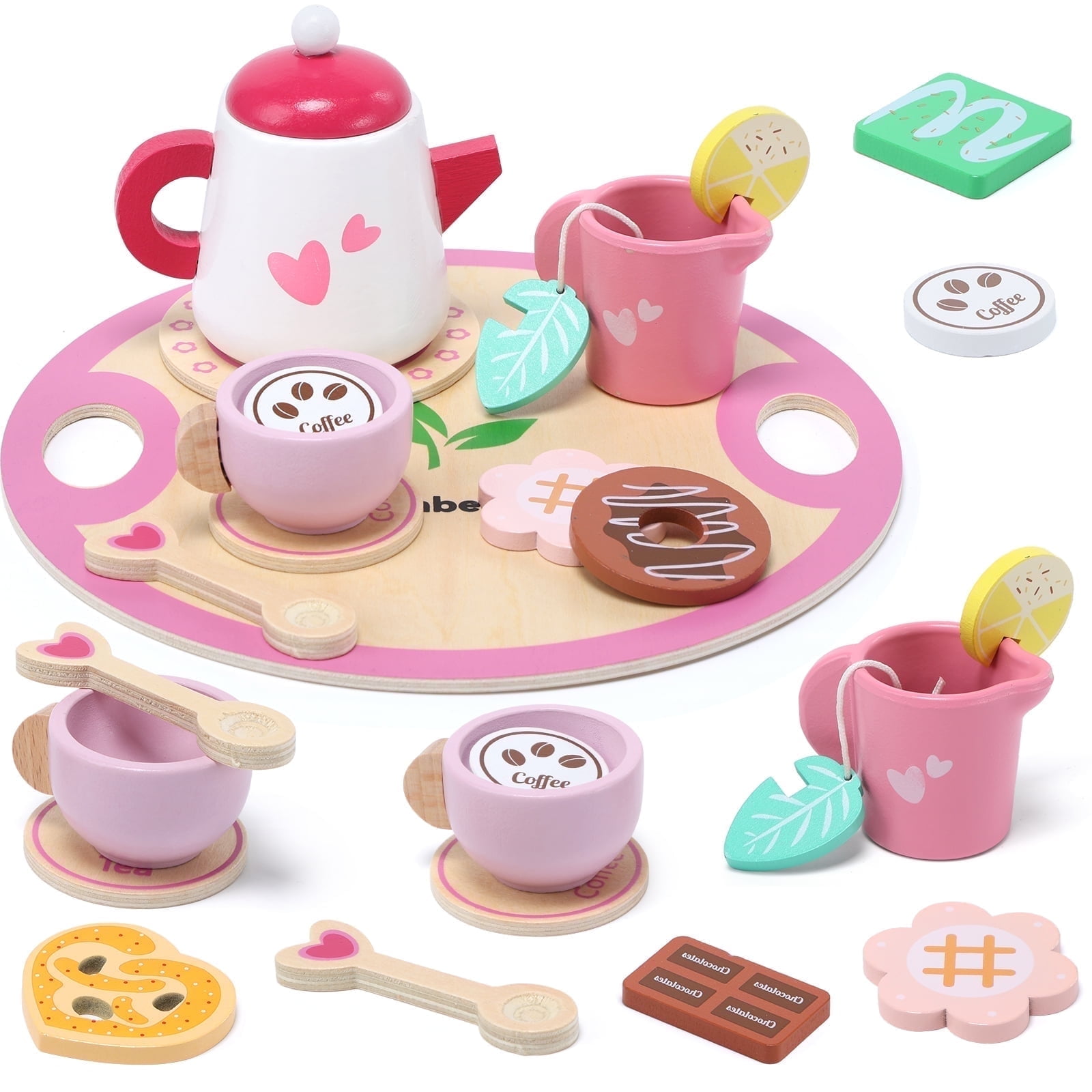 JoyStone Wooden Tea Party Set for Toddlers, Pretend Play Tea Set with ...