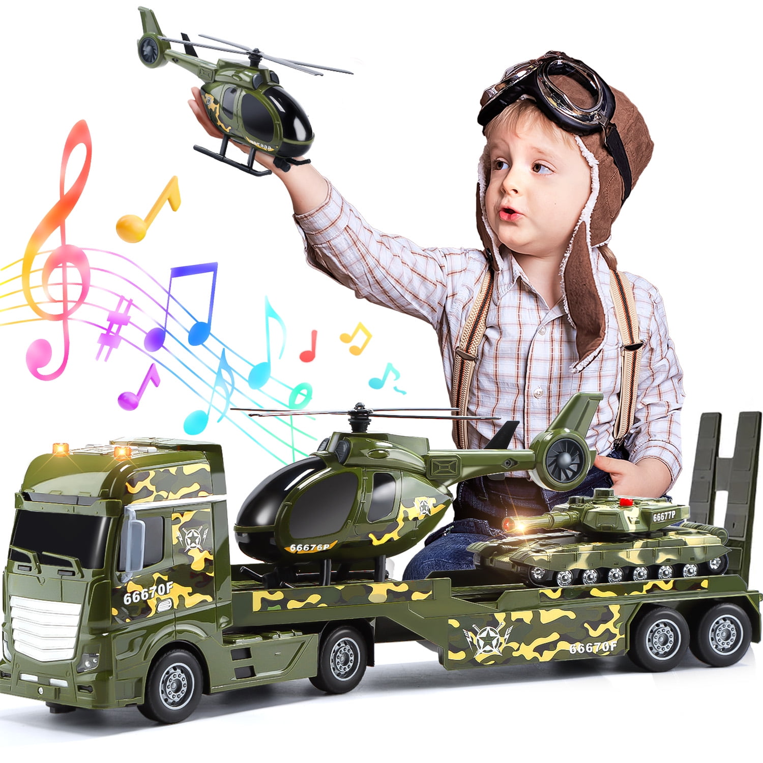 JoyStone 3 in 1 Military Truck Toys with Helicopter and Tank, Green ...
