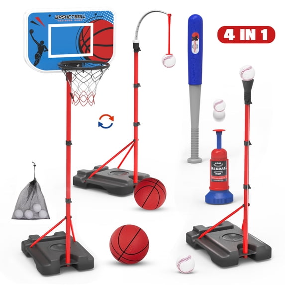JoyStone 4 in 1 Kids Basketball Hoop, T Ball Set with Adjustable Height ...